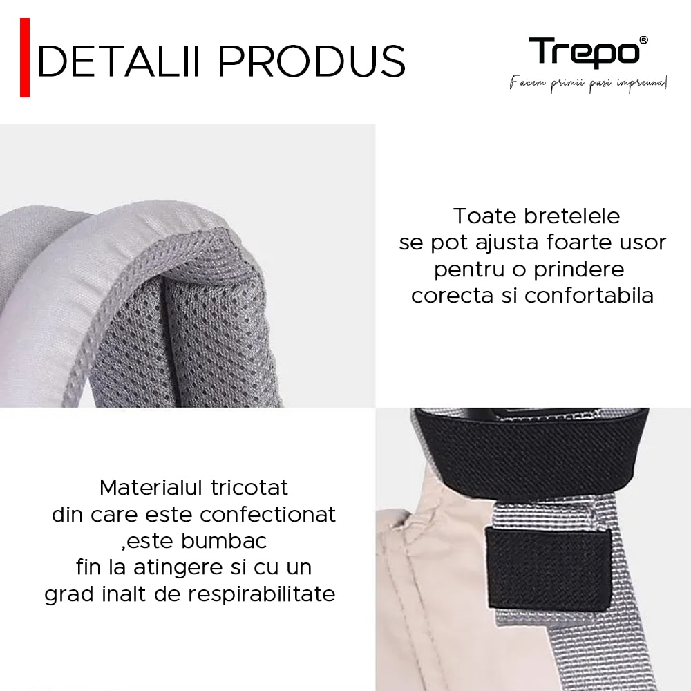 Marsupiu Ergonomic Trepo®, Port-bebe cu 3 pozitii de purtare, 100% bumbac, pana la 20 kg Gri ...