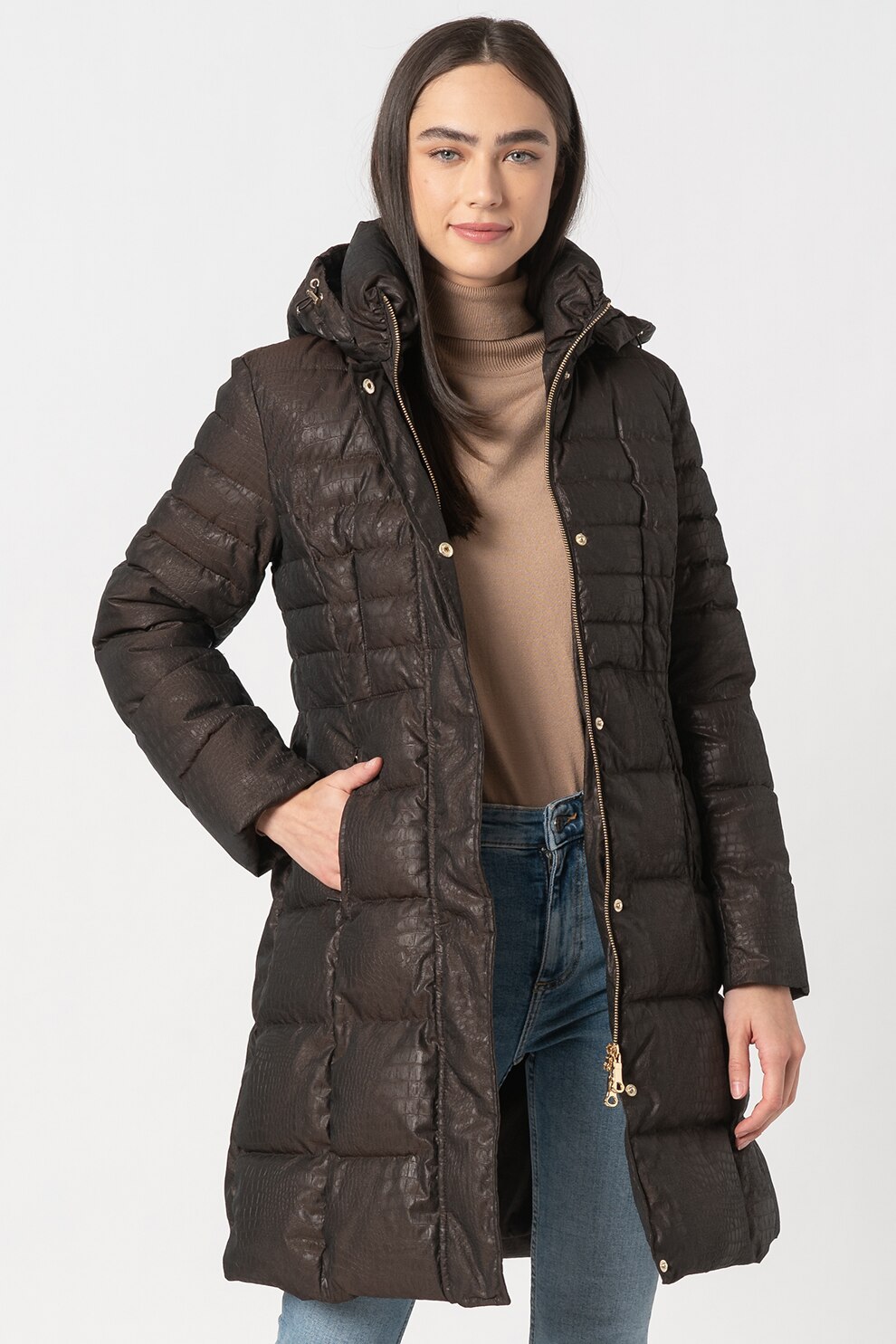 FEDERICA COSTA, Geaca lunga cu vatelina si gluga, Maro inchis, L - eMAG.ro