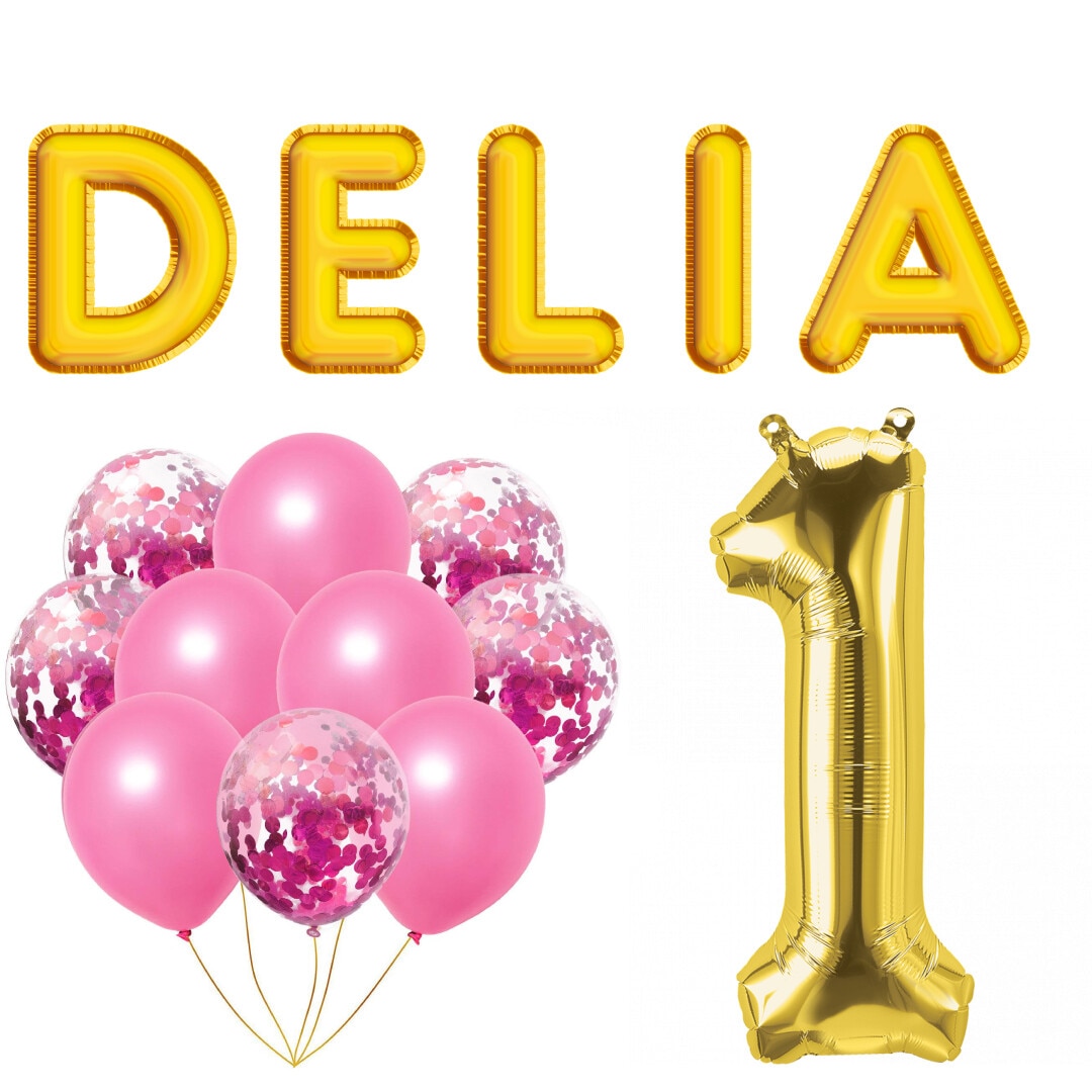 Set aniversar, nume DELIA 36 cm gold, 10 baloane latex roz, confetti ...