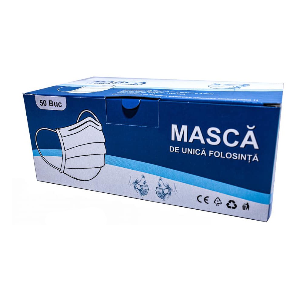Set 50 Masca de unica folosinta, 3 straturi, 3 pliuri, Polipropilena ...