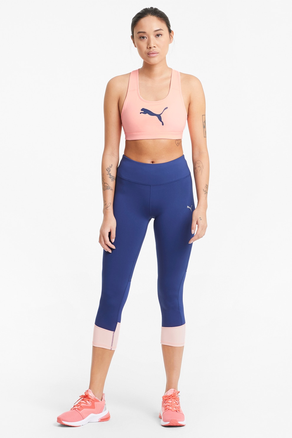 Puma, Bustiera cu sustinere medie si logo, pentru fitness, Piersica, XL ...