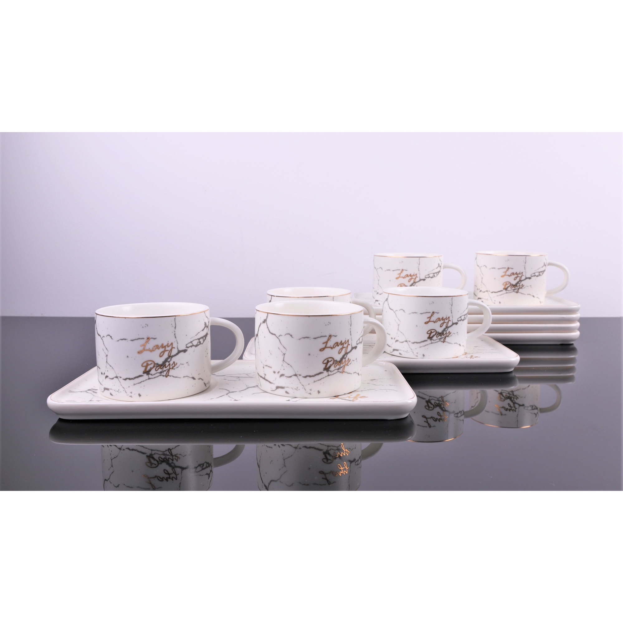 Set de cesti pentru cafea, 6 cesti cu 6 platouri, design marmura alb cu ...