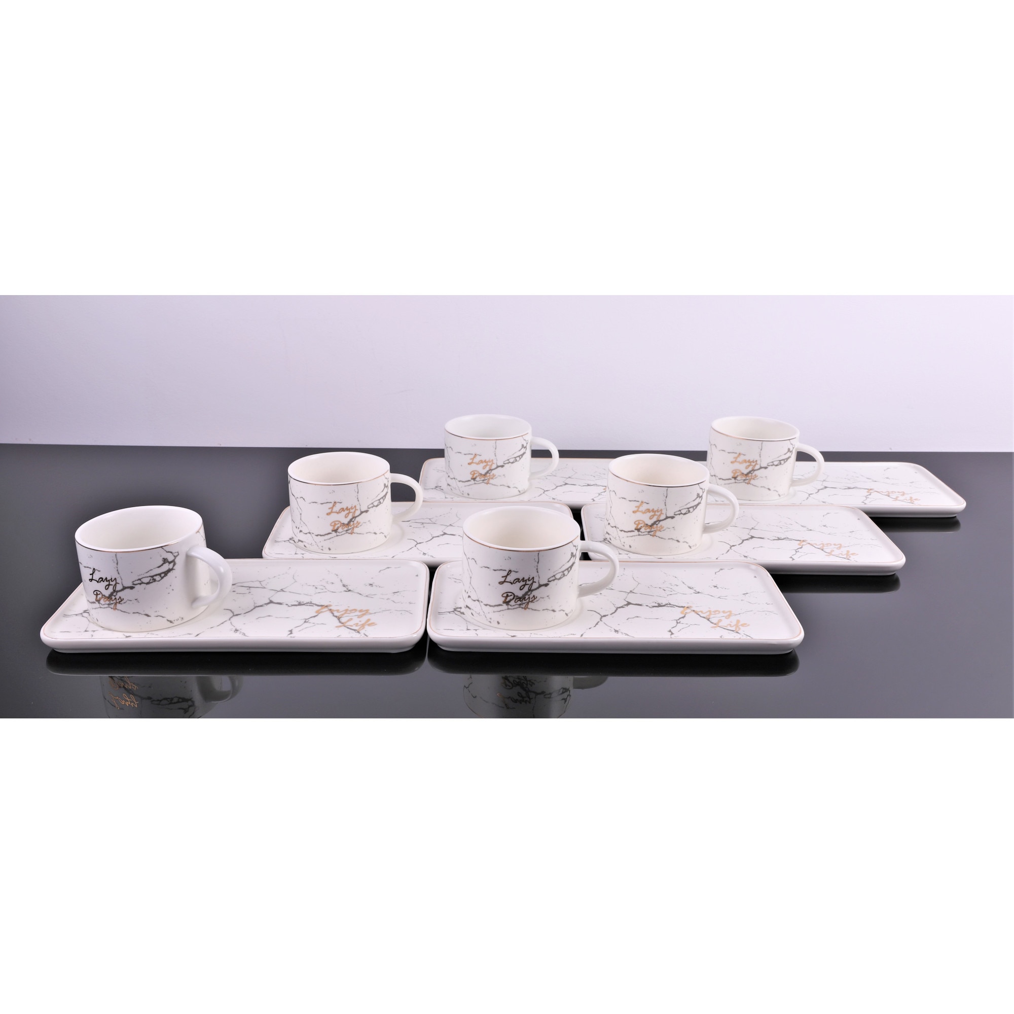 Set de cesti pentru cafea, 6 cesti cu 6 platouri, design marmura alb cu ...