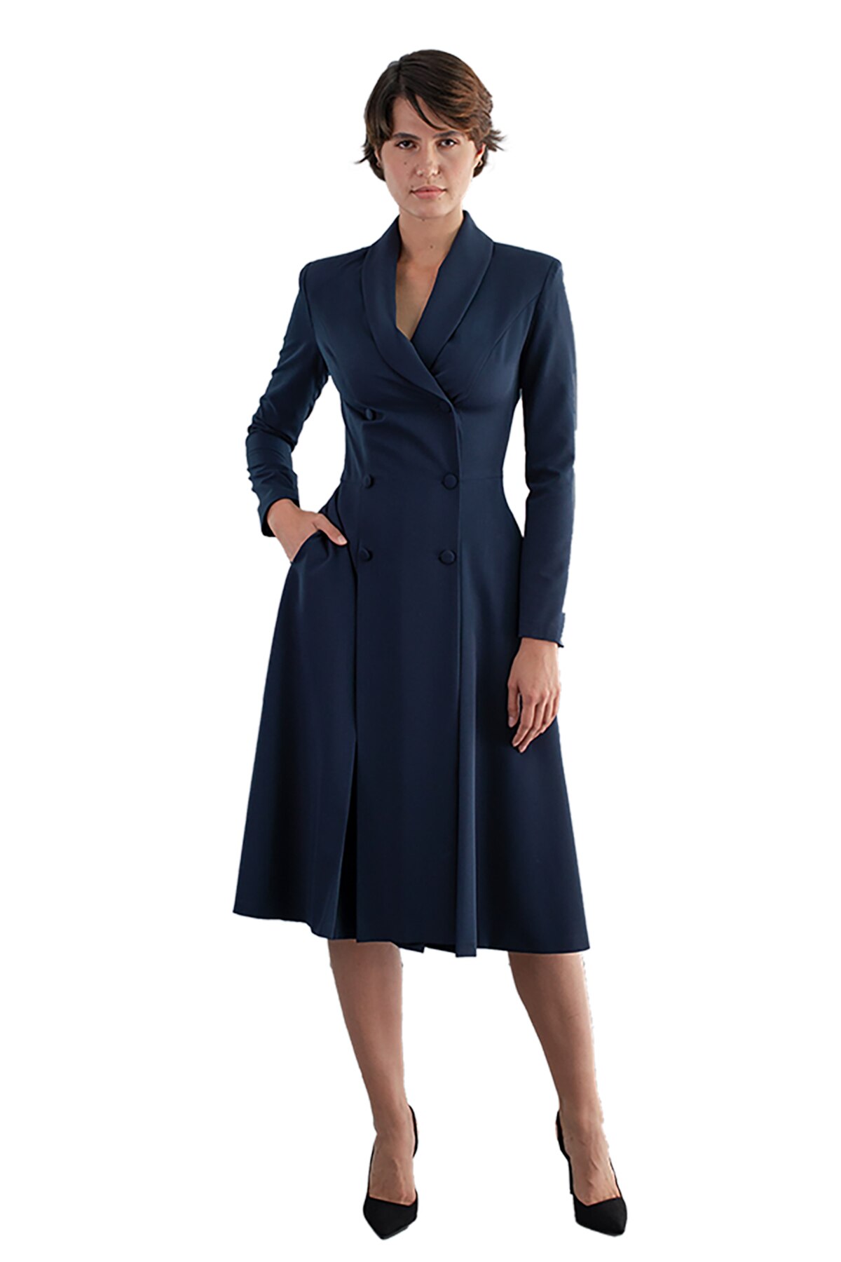 Rochie sacou cu pliuri si guler sal, Joy Patterns&Design, Bleumarin, 38 ...