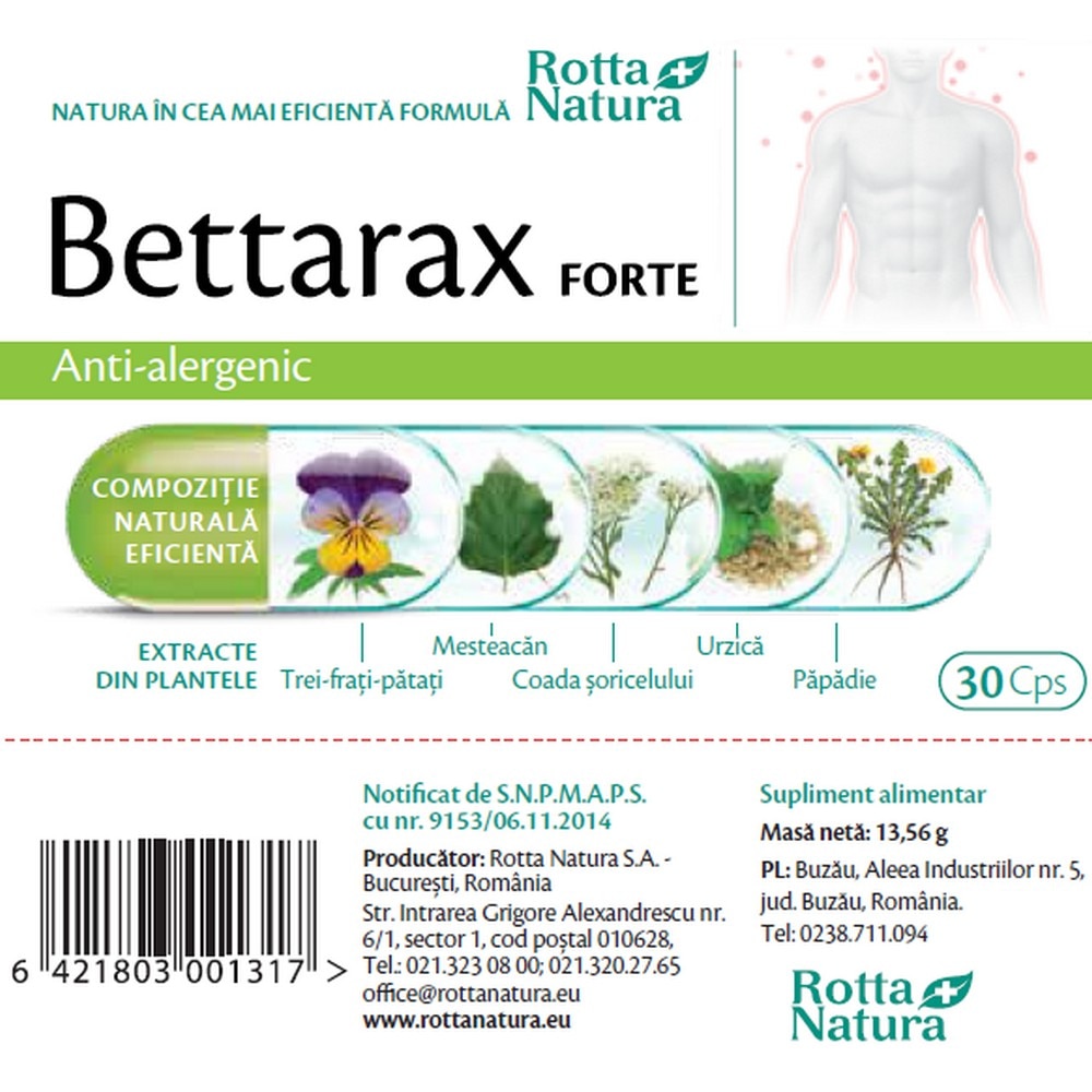 Bettarax Forte Anti-alergenic, Rotta Natura, 30cps - eMAG.ro