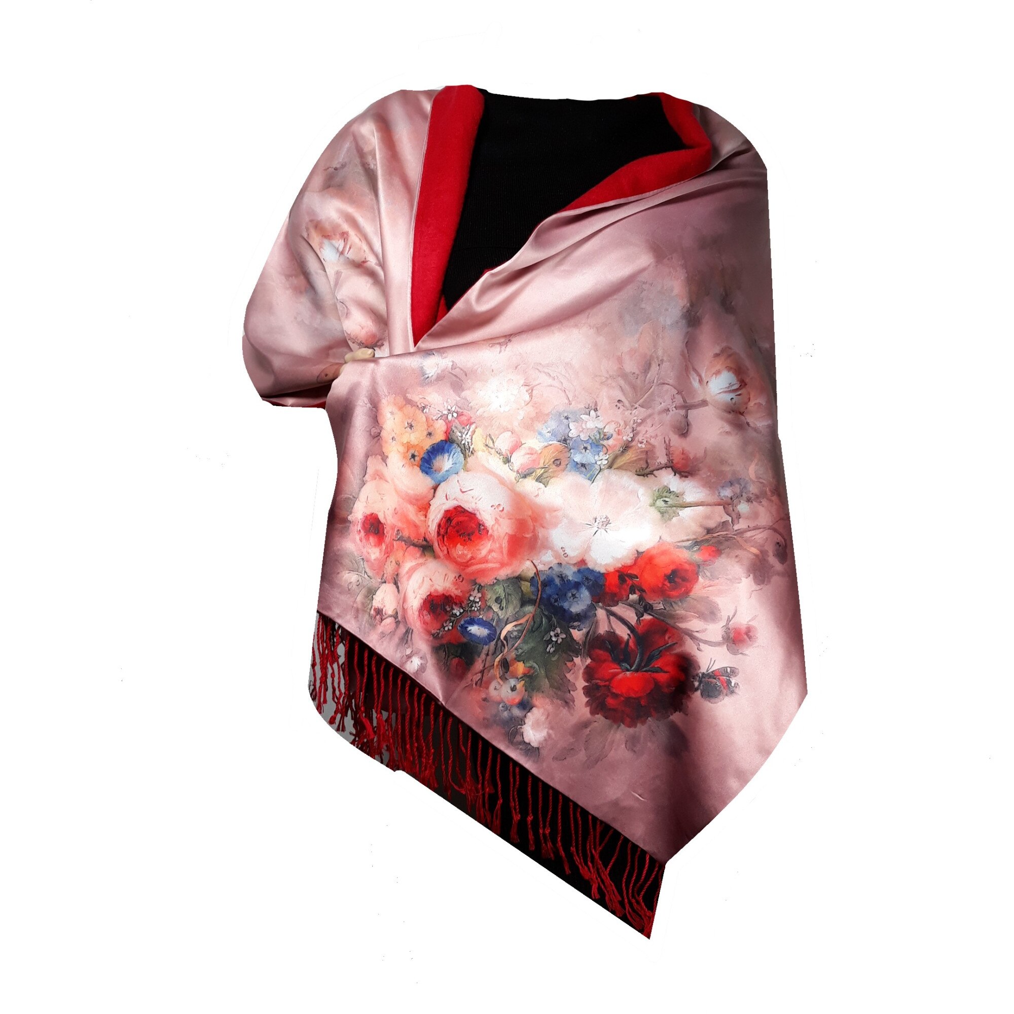 Sal din matase, paint- print, roz prafuit/rosu, dublat cu cashmir, cu ...
