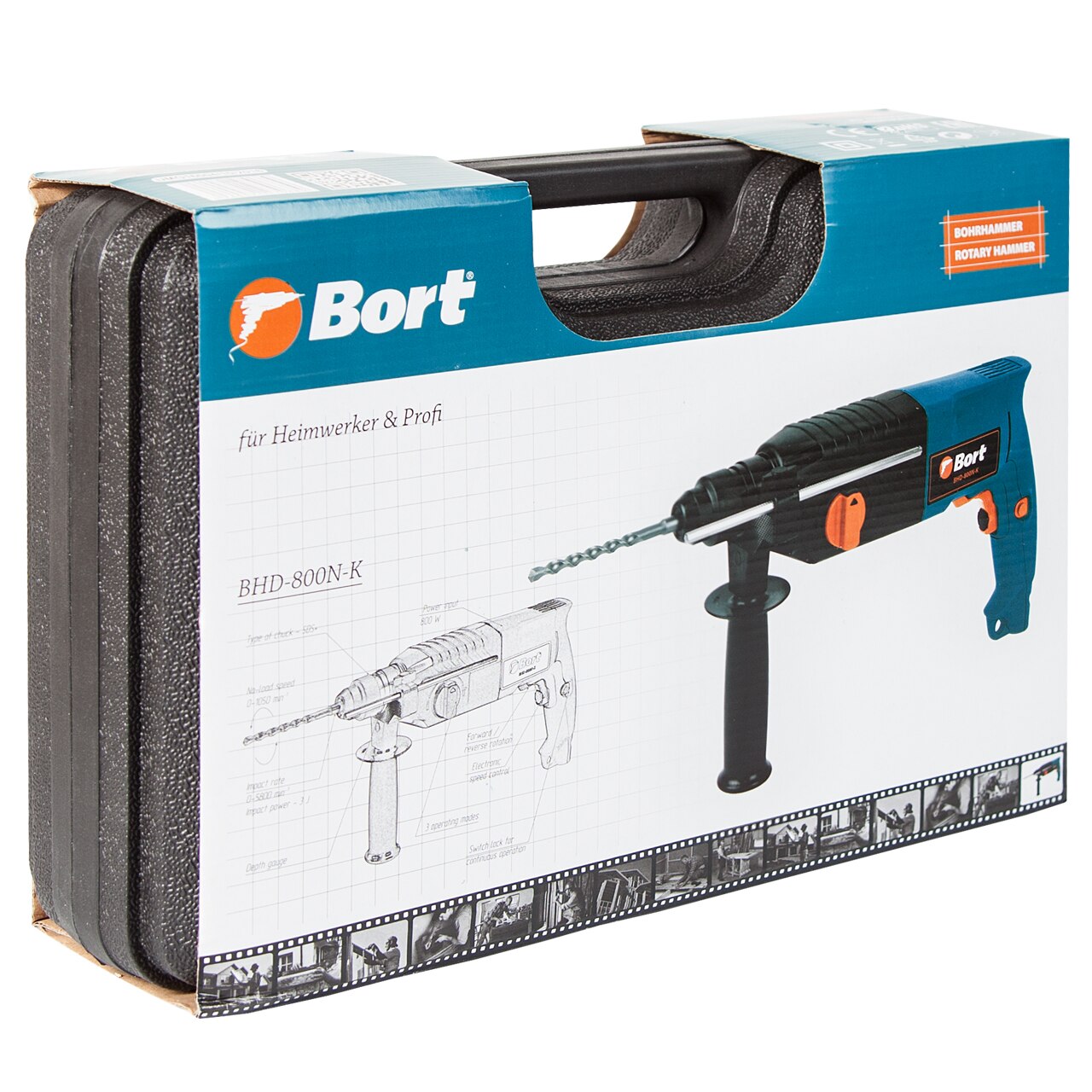 Перфоратор BORT BHD-800N-K, 3J, SDS +, 800W, Черен / Син - eMAG.bg