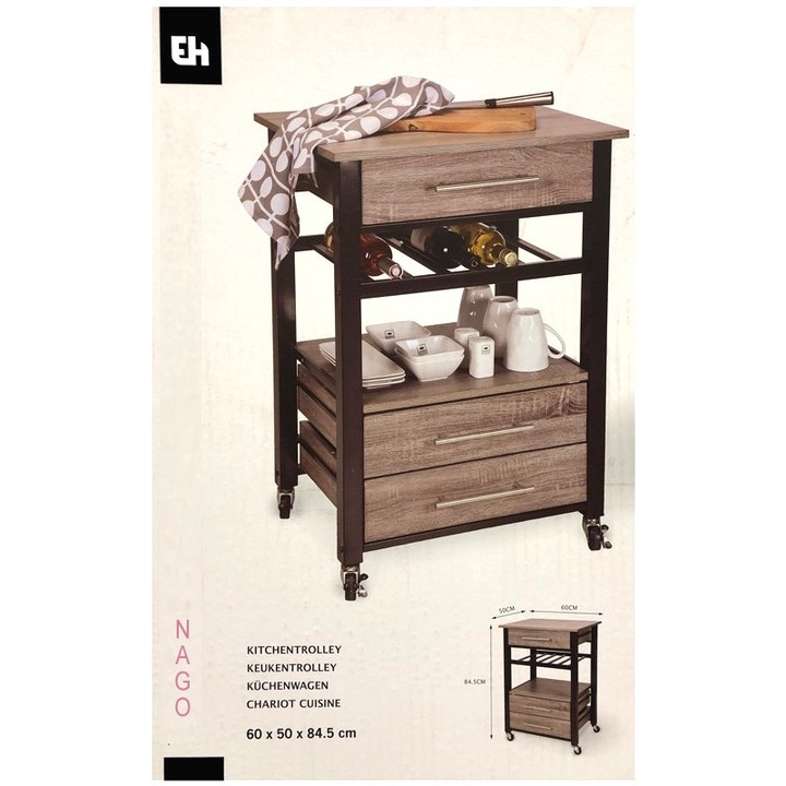 Masa cu roti Maro, pentru bucatarie si terasa, cu sertare MDF, picioare ...