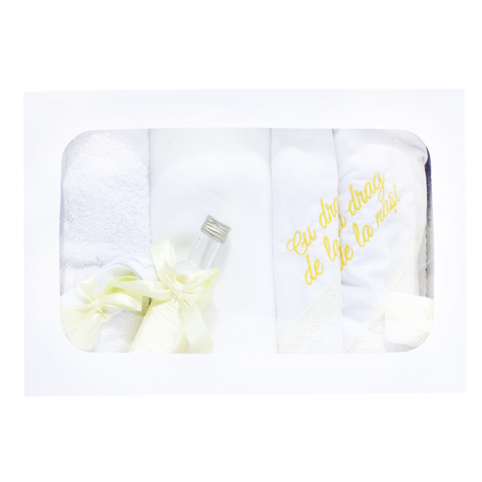 Trusou alb-galben „Cu drag de la nasi”, 7 piese, sticla mir, sapun ...