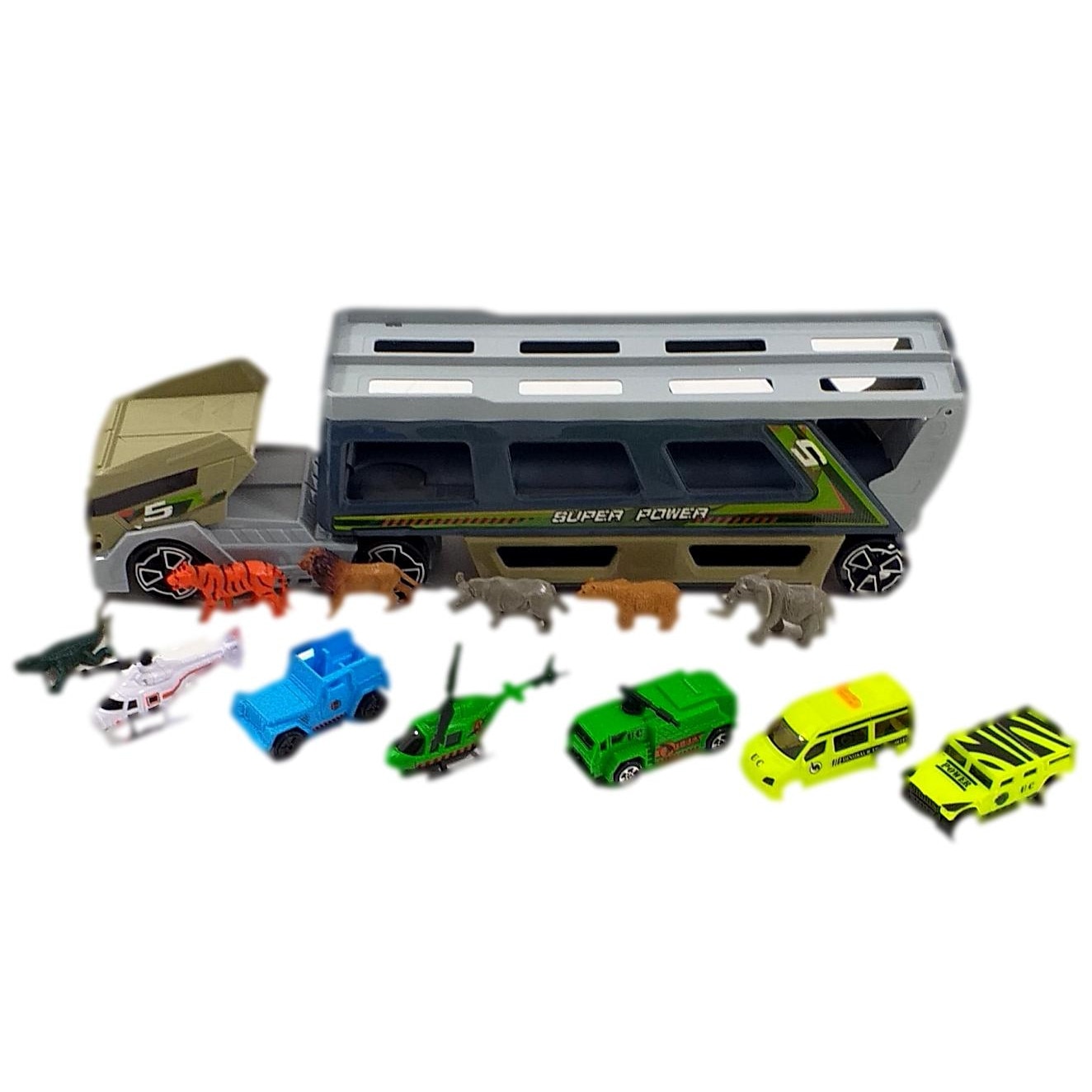 Set masinute, Camion cu trailer pentru masini, 4 masini transportate, 2 ...