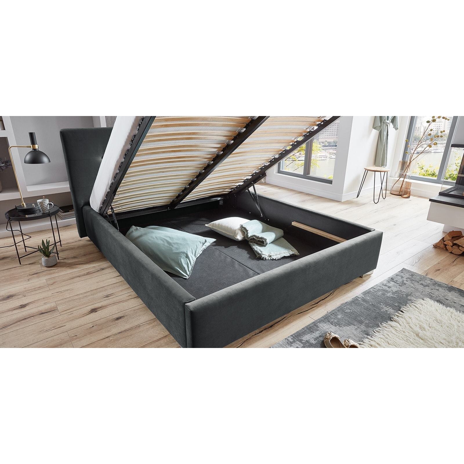 Pat Tapitat Lille, cu Lada Rabatabil, 160x200 cm Negru - eMAG.ro