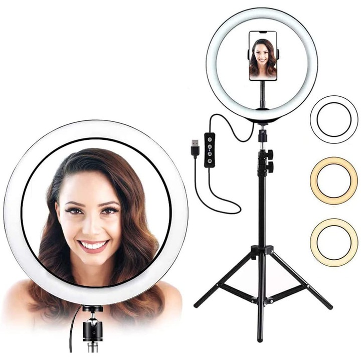 Lampa circulara Ring Light, diametru 26cm/10inch LED, conectare USB, 3 moduri de lumina, 10 ...