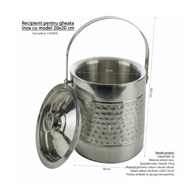 Recipient pentru gheata inox cu model 20x20 cm, AZHOME - eMAG.ro