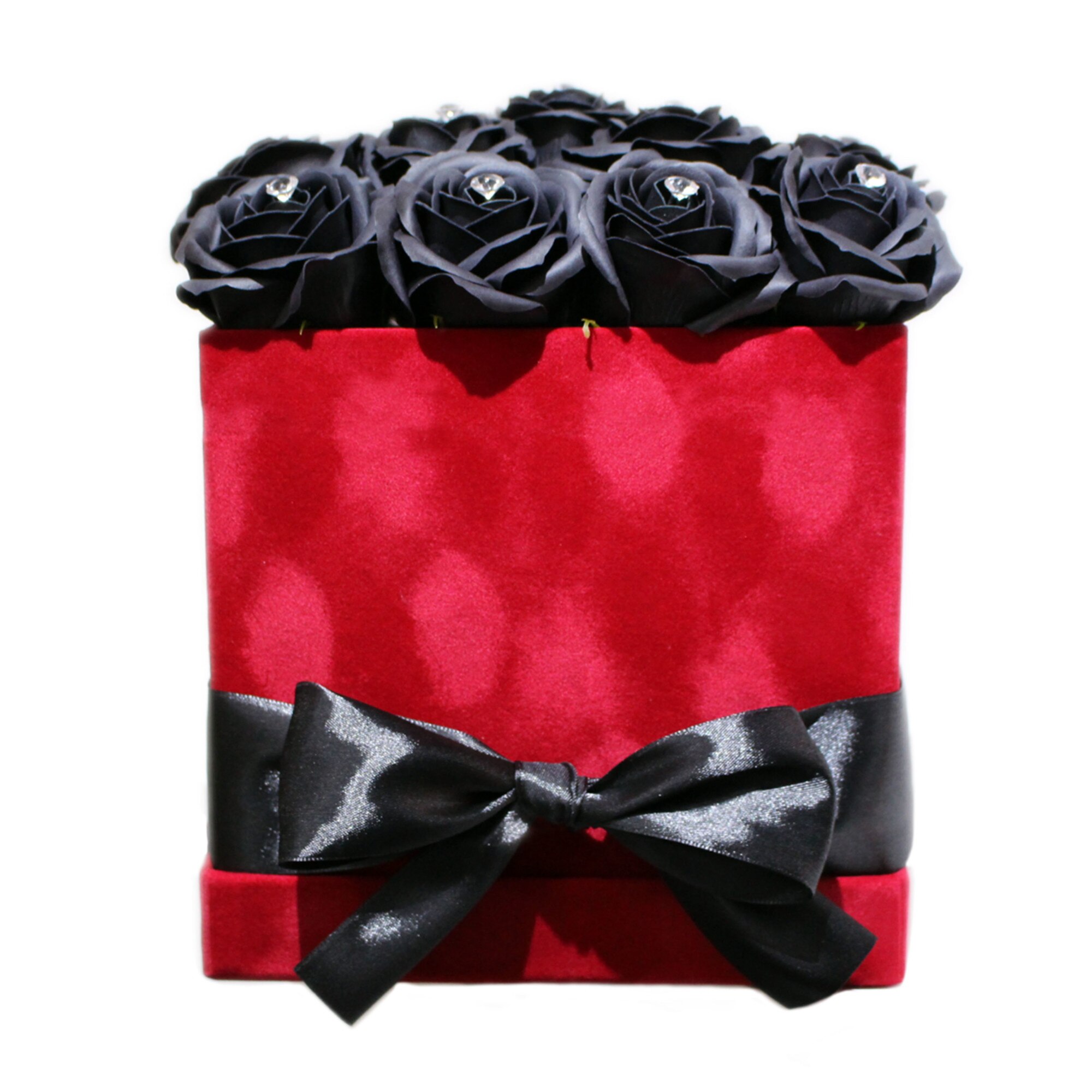 Aranjament floral 17 tradafiri negri XL cu diamant, cutie cub, rosu ...