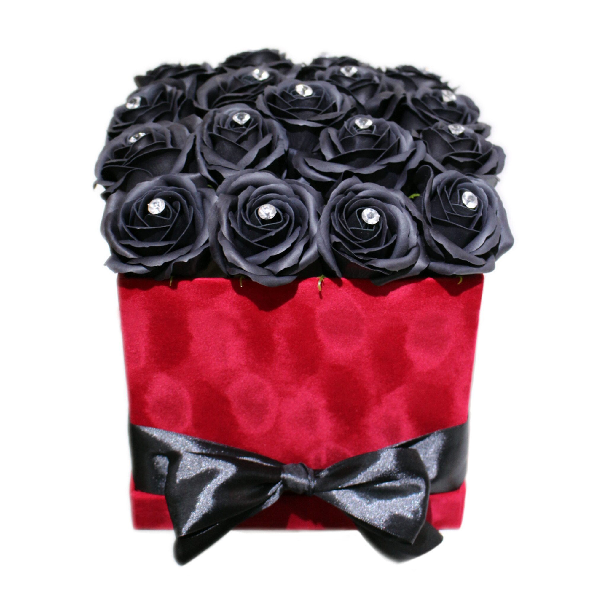 Aranjament floral 17 tradafiri negri XL cu diamant, cutie cub, rosu ...
