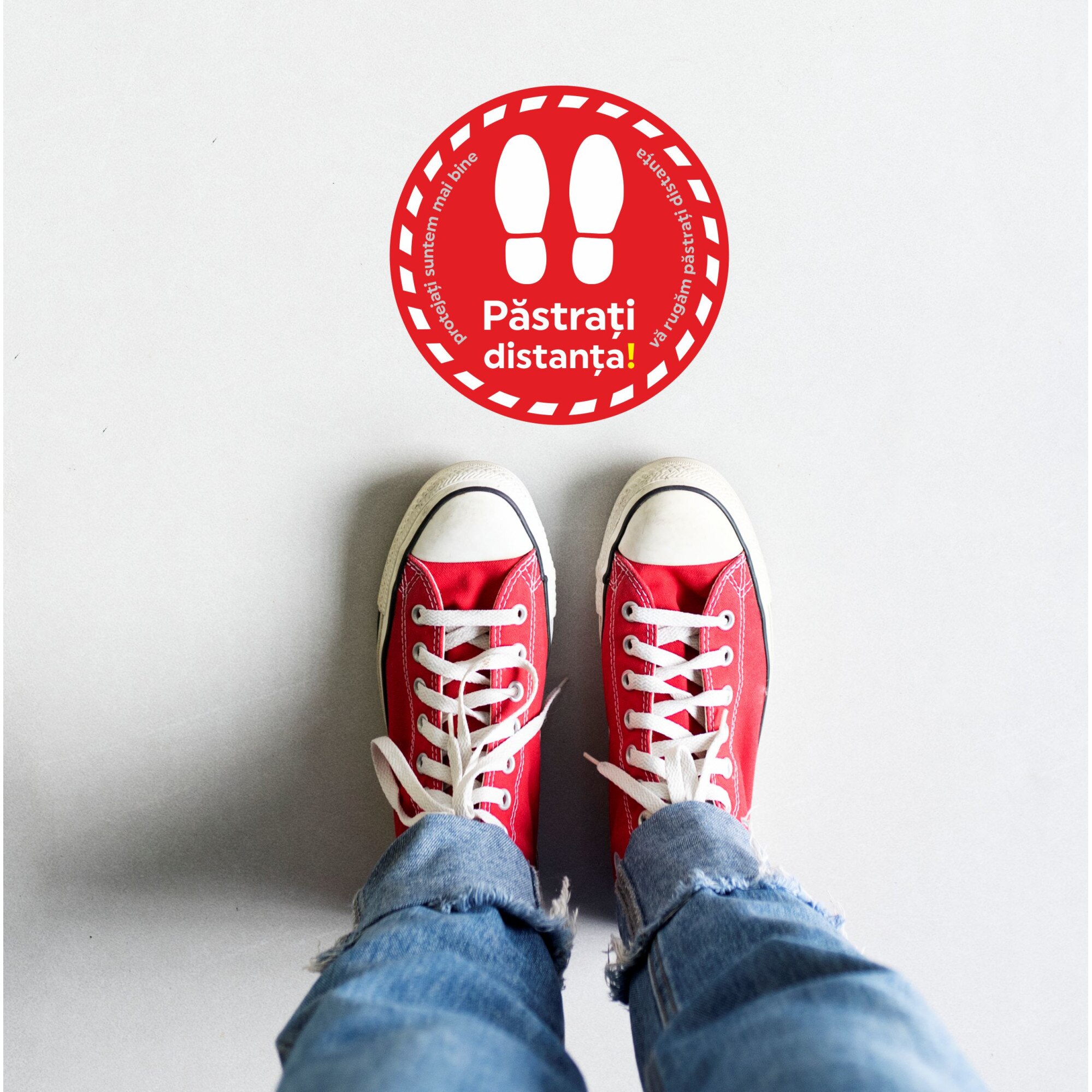 Autocolant pardoseala Info distantare Covid-19, "Pastreaza Distanta ...