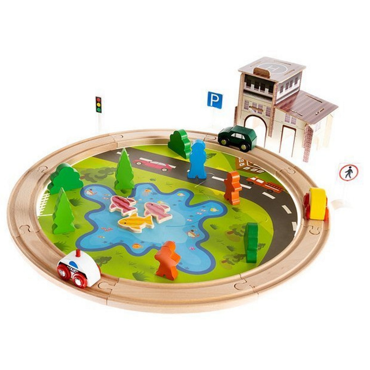 Circuit de lemn 2 in 1 IdealStore, cu Lac, 40 Elemente, Dezvolta ...