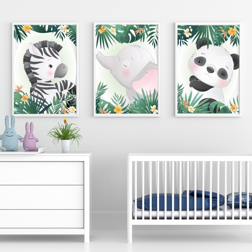 Set 3 tablouri camera copii, Stickermania, Zebra, Elefantul, Panda ...