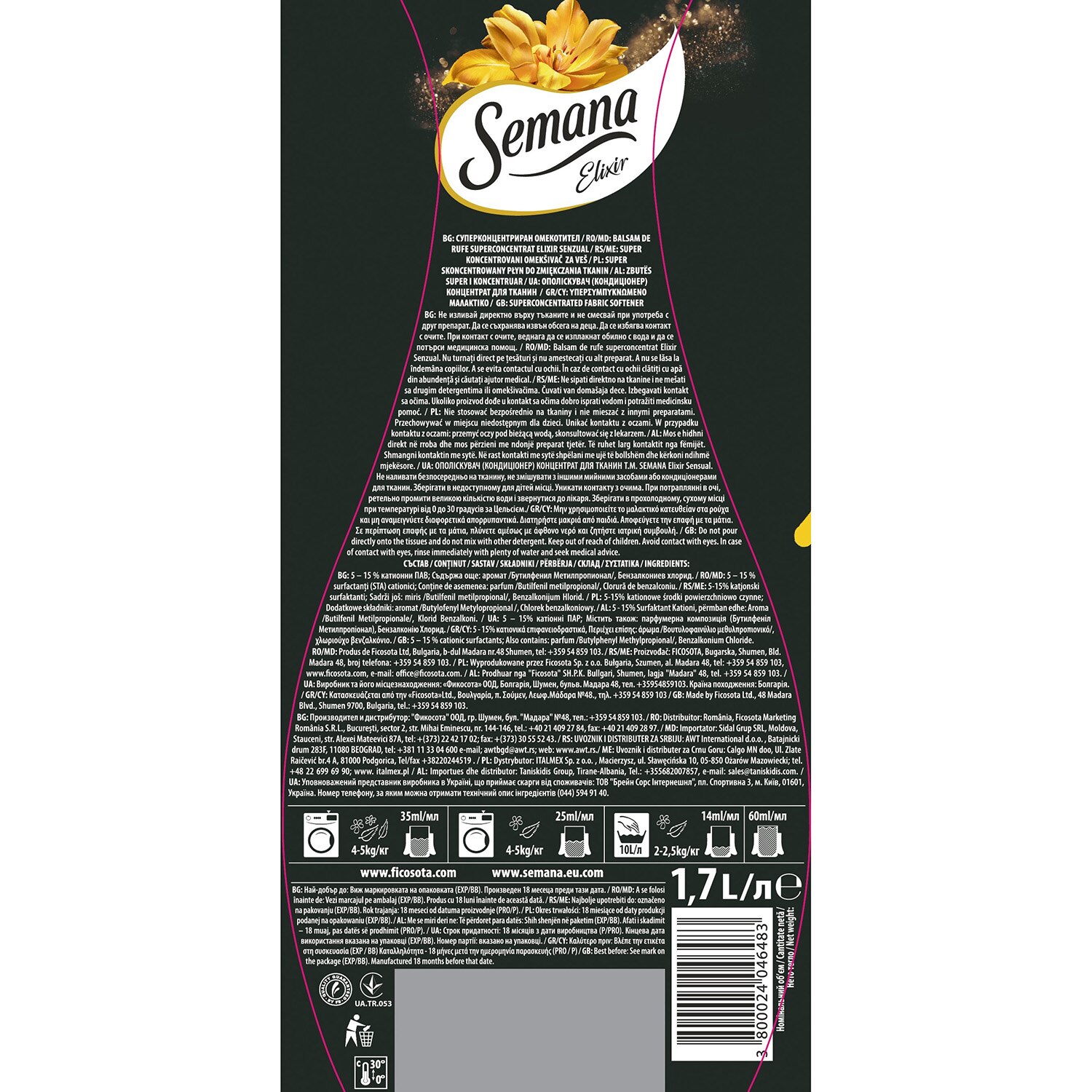 Омекотител Semana Elixir Sensual, Суперконцентрат, 68 изпирания, 1.7 л ...