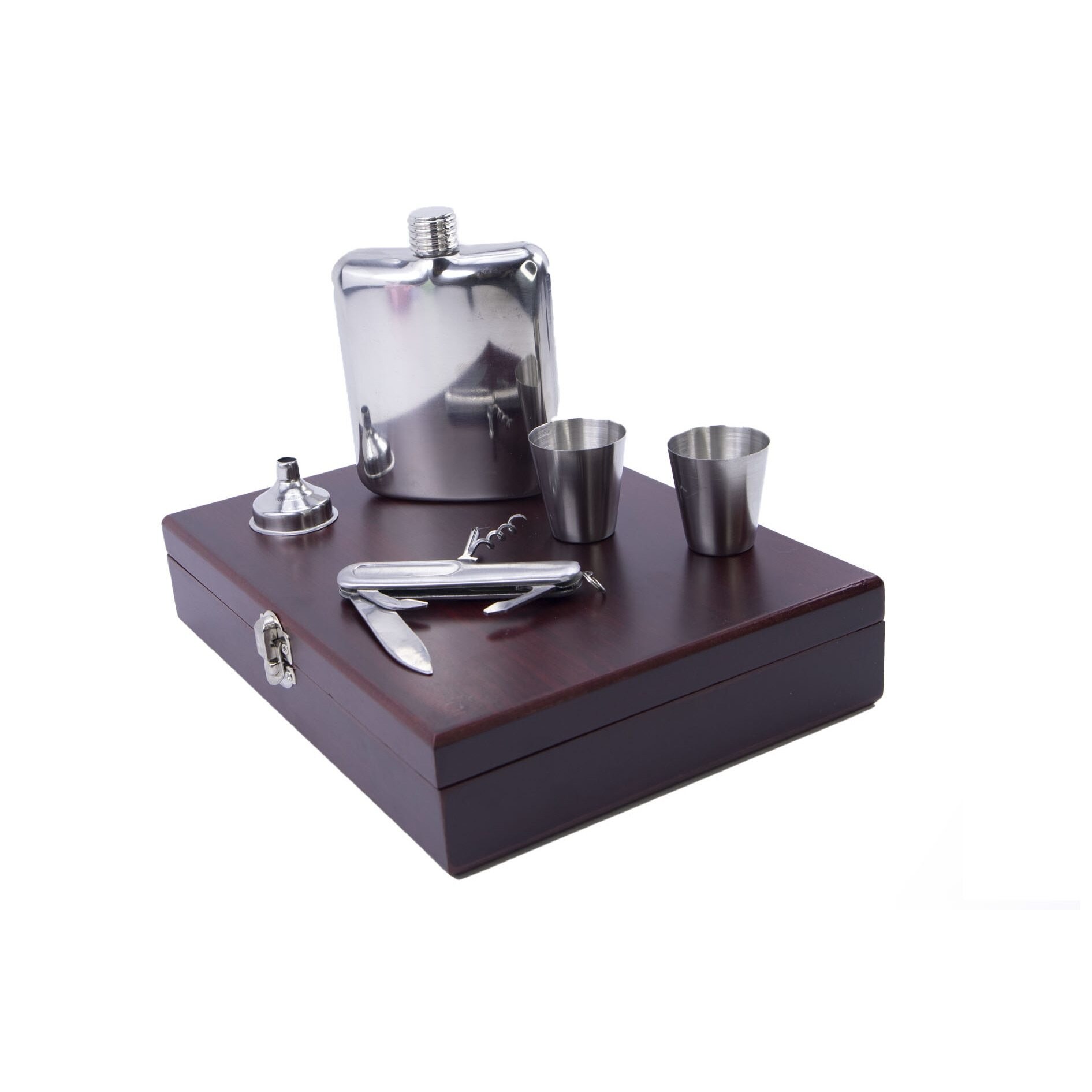 Set plosca metalica cu 2 mini pahare din inox, desfacator,palnie ...