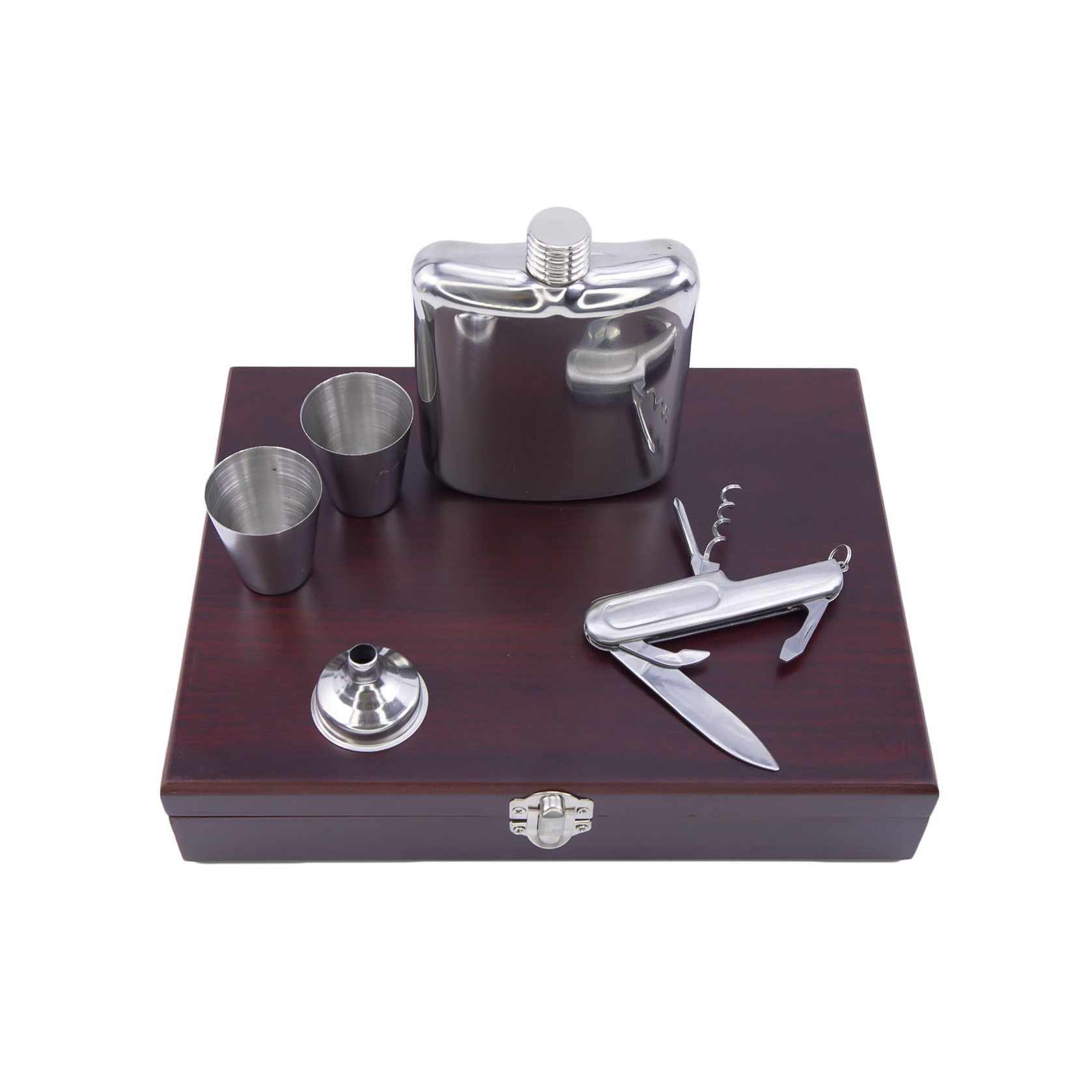 Set plosca metalica cu 2 mini pahare din inox, desfacator,palnie ...