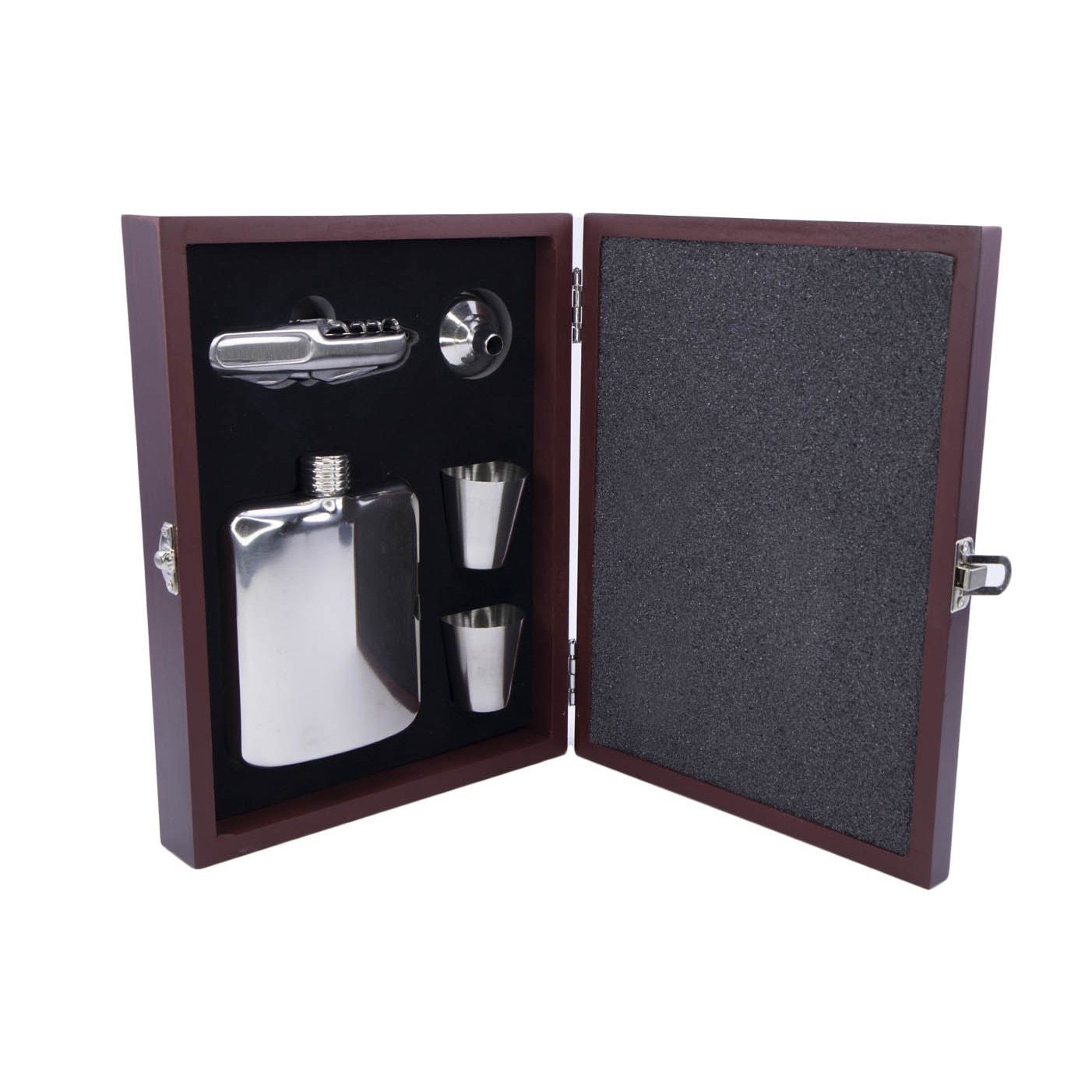 Set plosca metalica cu 2 mini pahare din inox, desfacator,palnie ...