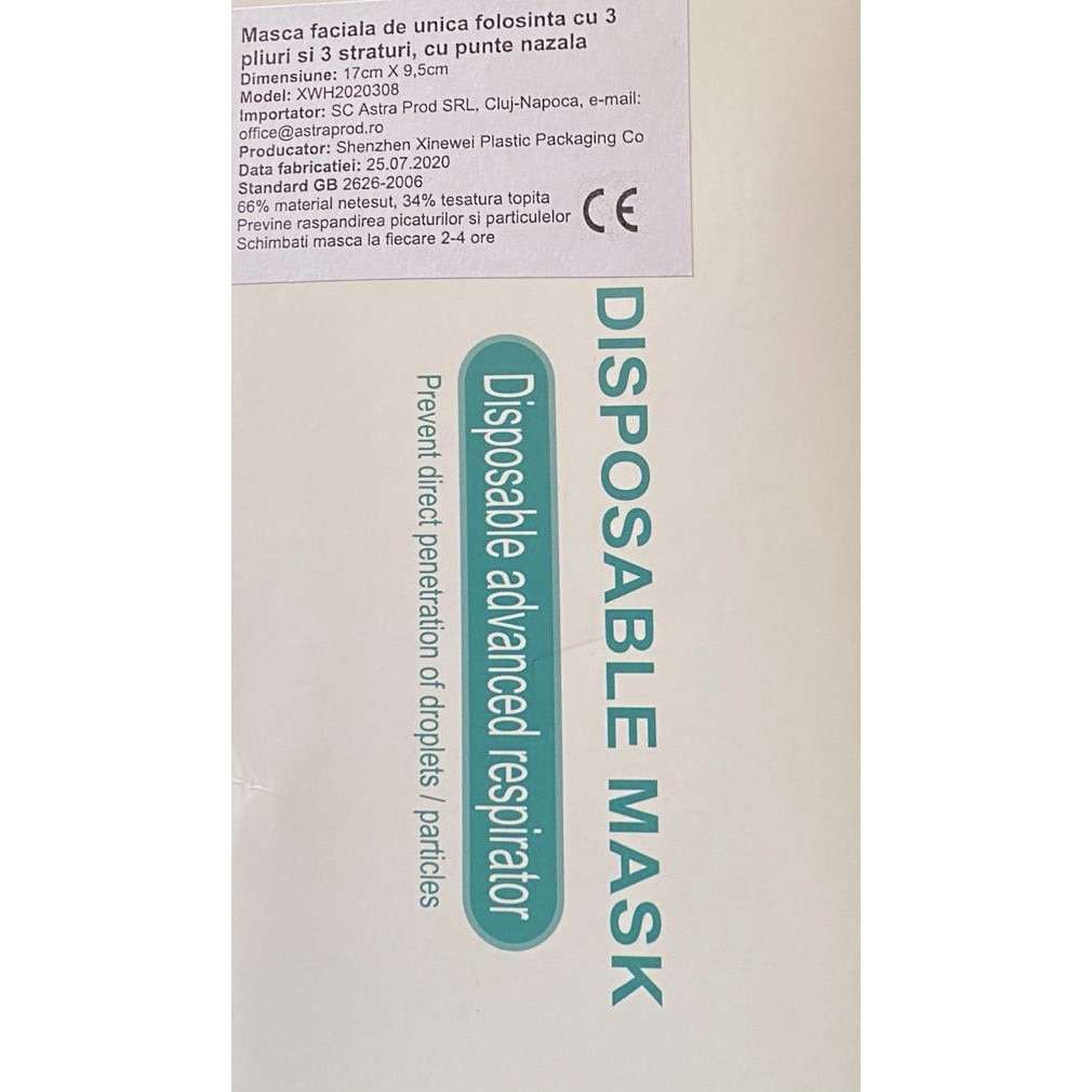 Set 50 masti faciale de unica folosinta cu 3 pliuri si 3 straturi, cu ...