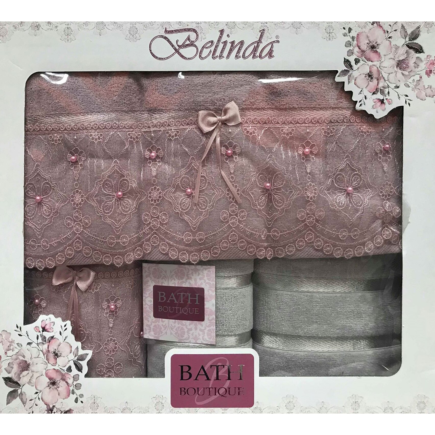 Set 4 prosoape Belinda cu doua fete si dantela, roz + gri - eMAG.ro