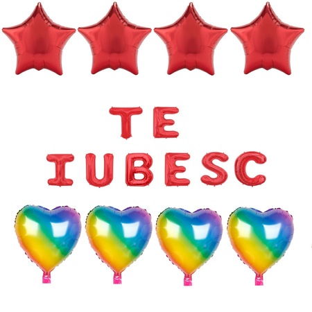 Set 16 baloane folie TE IUBESC rosu, ESB, inimi curcubeu, stele rosii ...