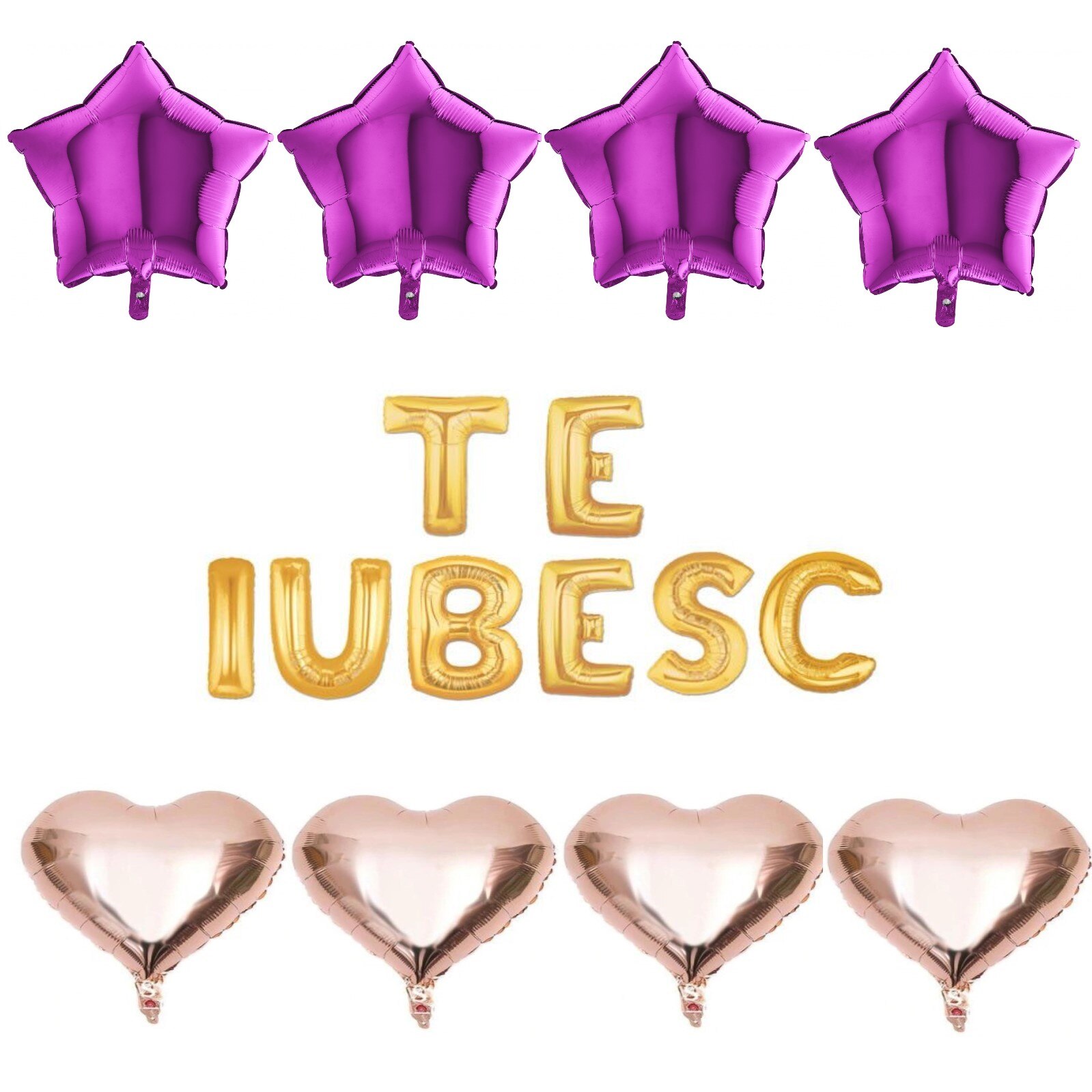 Set 16 baloane folie TE IUBESC auriu WOW, inimi rose gold, stele roz ...