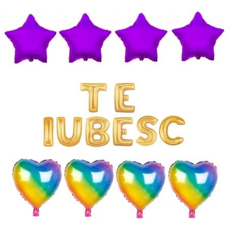 Set 16 baloane folie TE IUBESC auriu, ESB, inimi curcubeu, stele mov ...