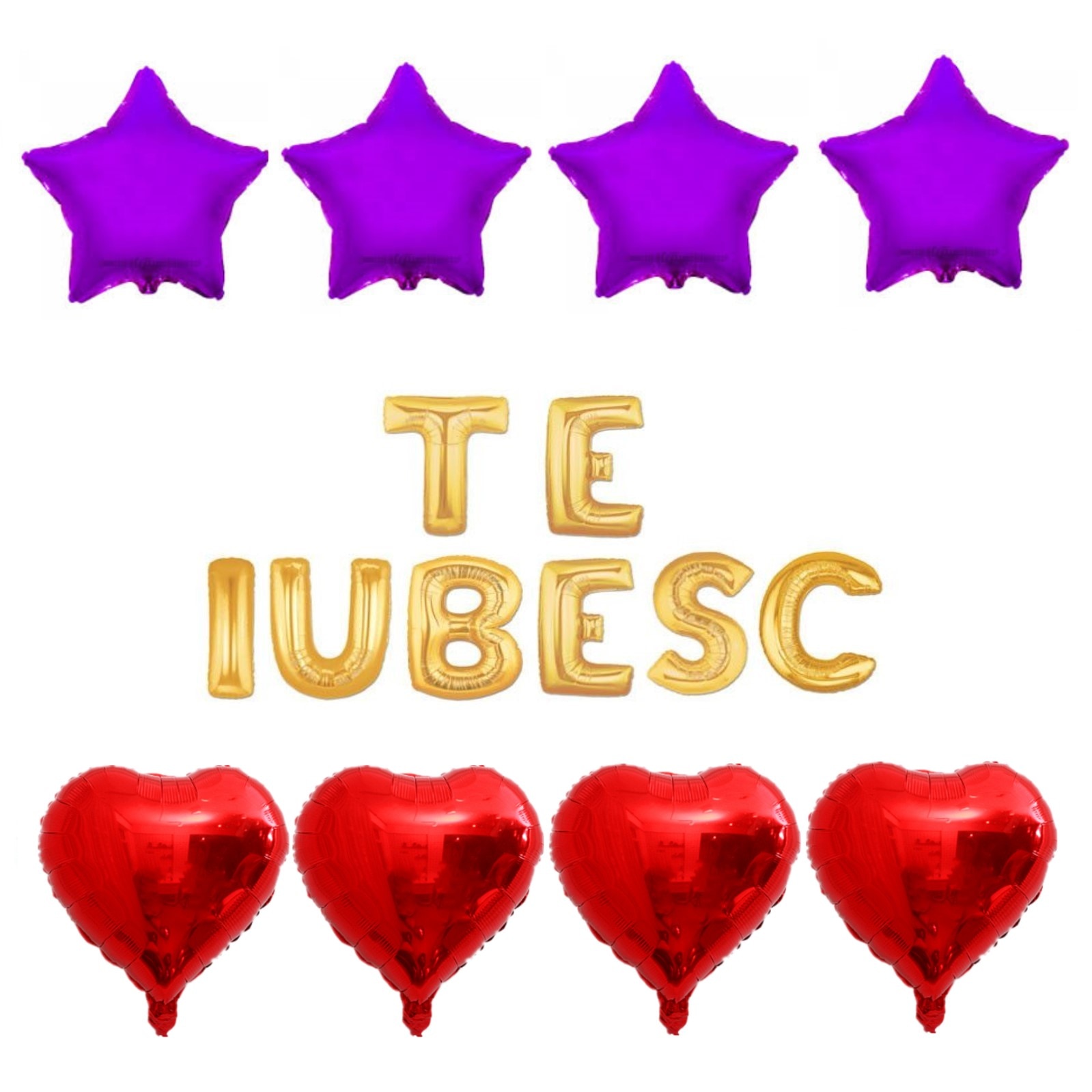 Set 16 baloane folie TE IUBESC auriu, WOW, inimi rosii, stele mov - eMAG.ro