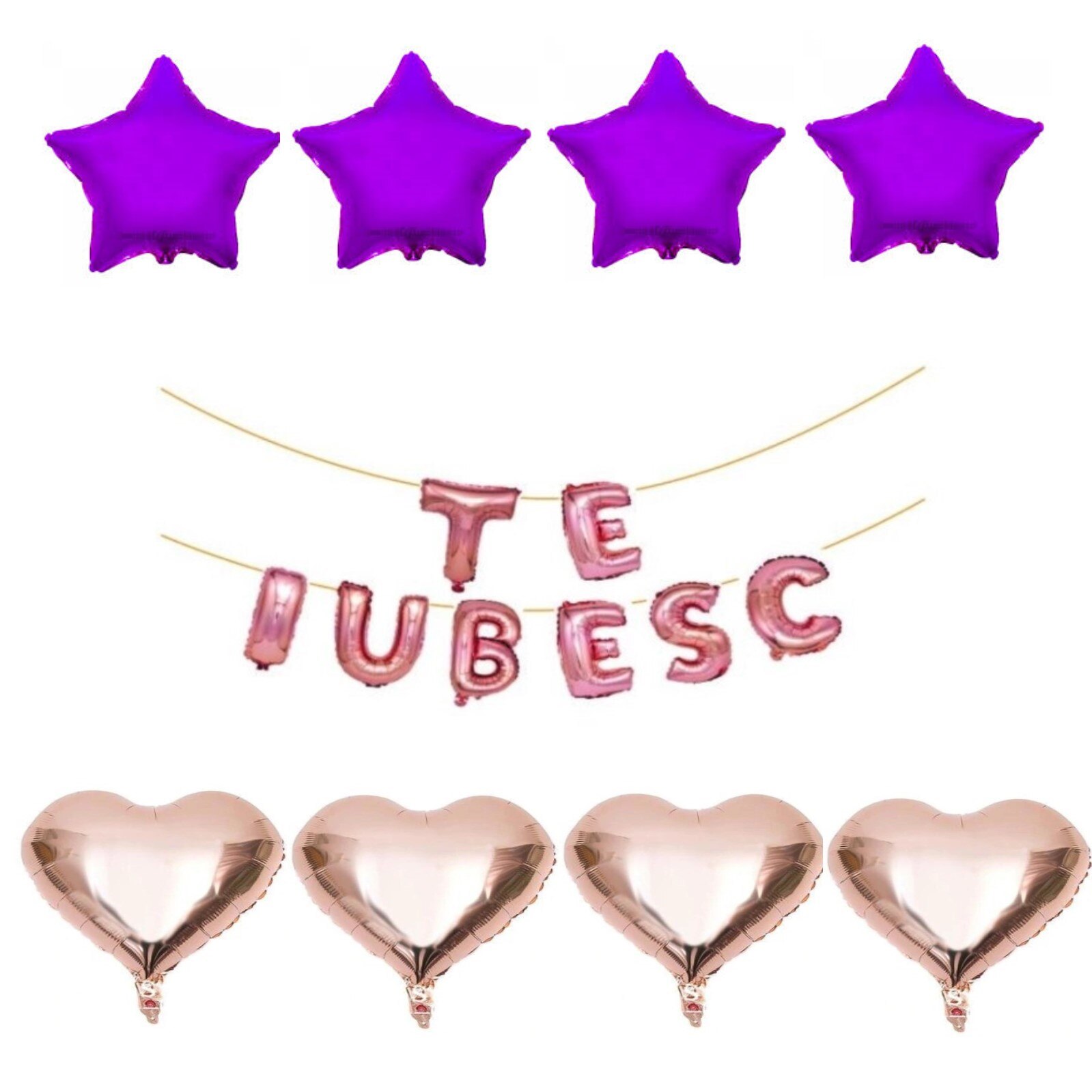 Set 16 baloane folie TE IUBESC rose gold, WOW, inimi rose gold, stele ...