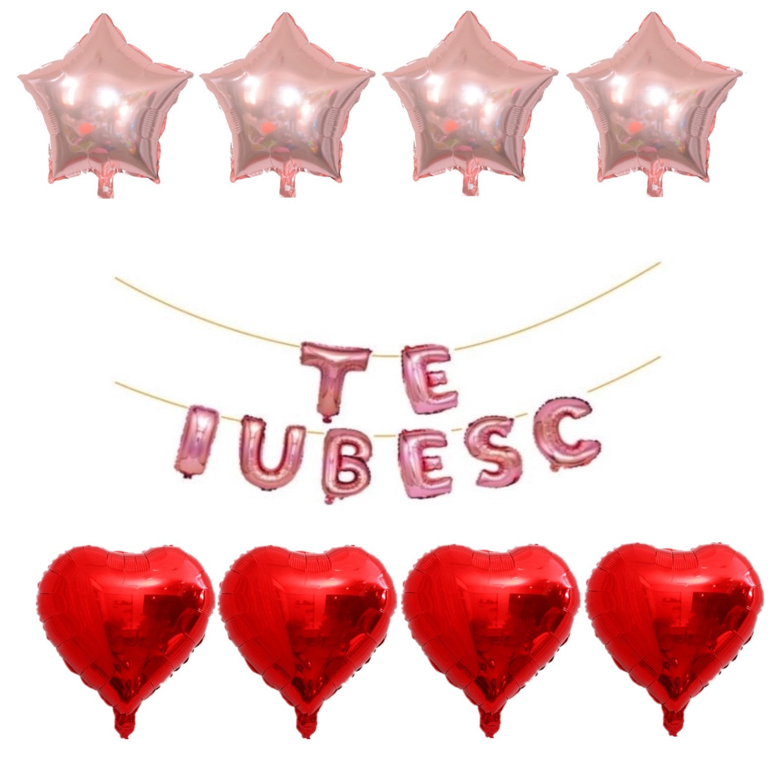 Set 16 baloane folie TE IUBESC rose gold, WOW, stele rose gold, inimi ...