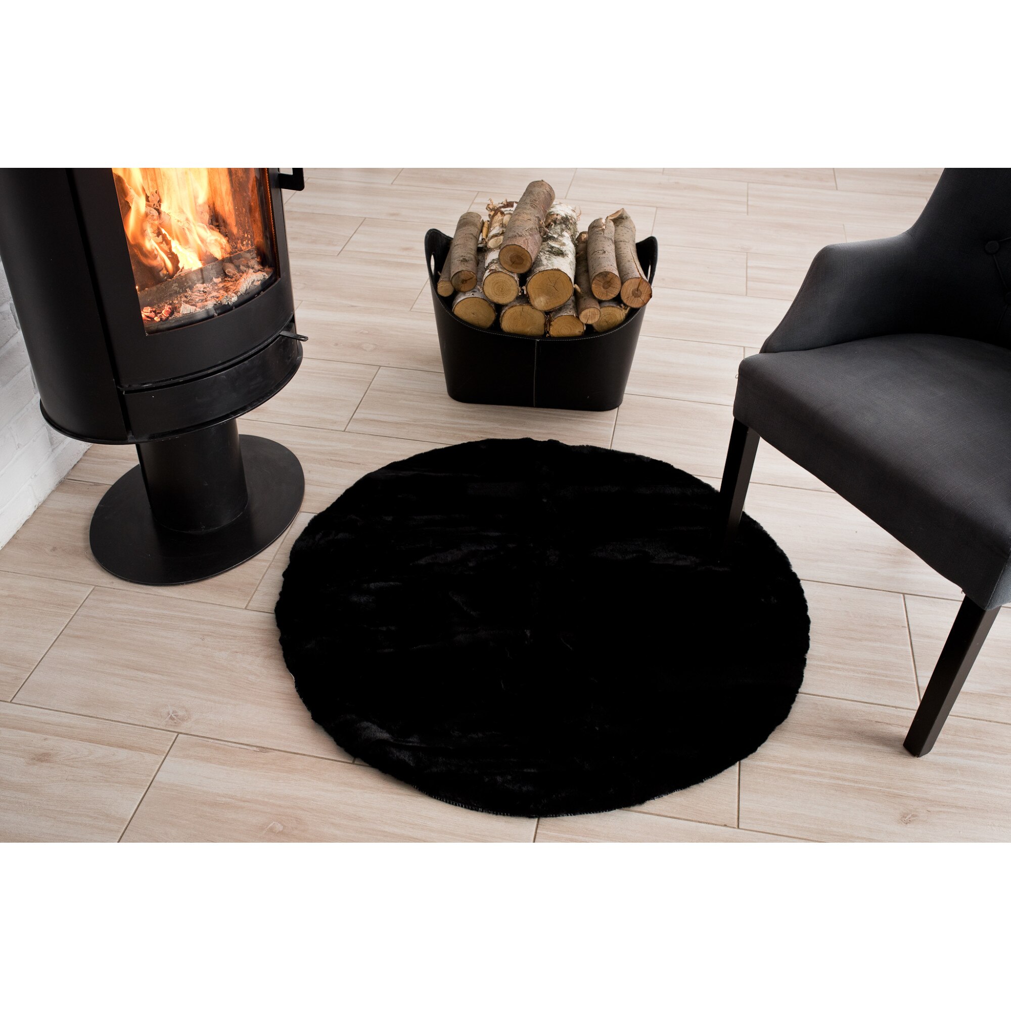 Covor Rabbit Circle Plush Chemex RABBIT FUR negru 100x100 - eMAG.ro