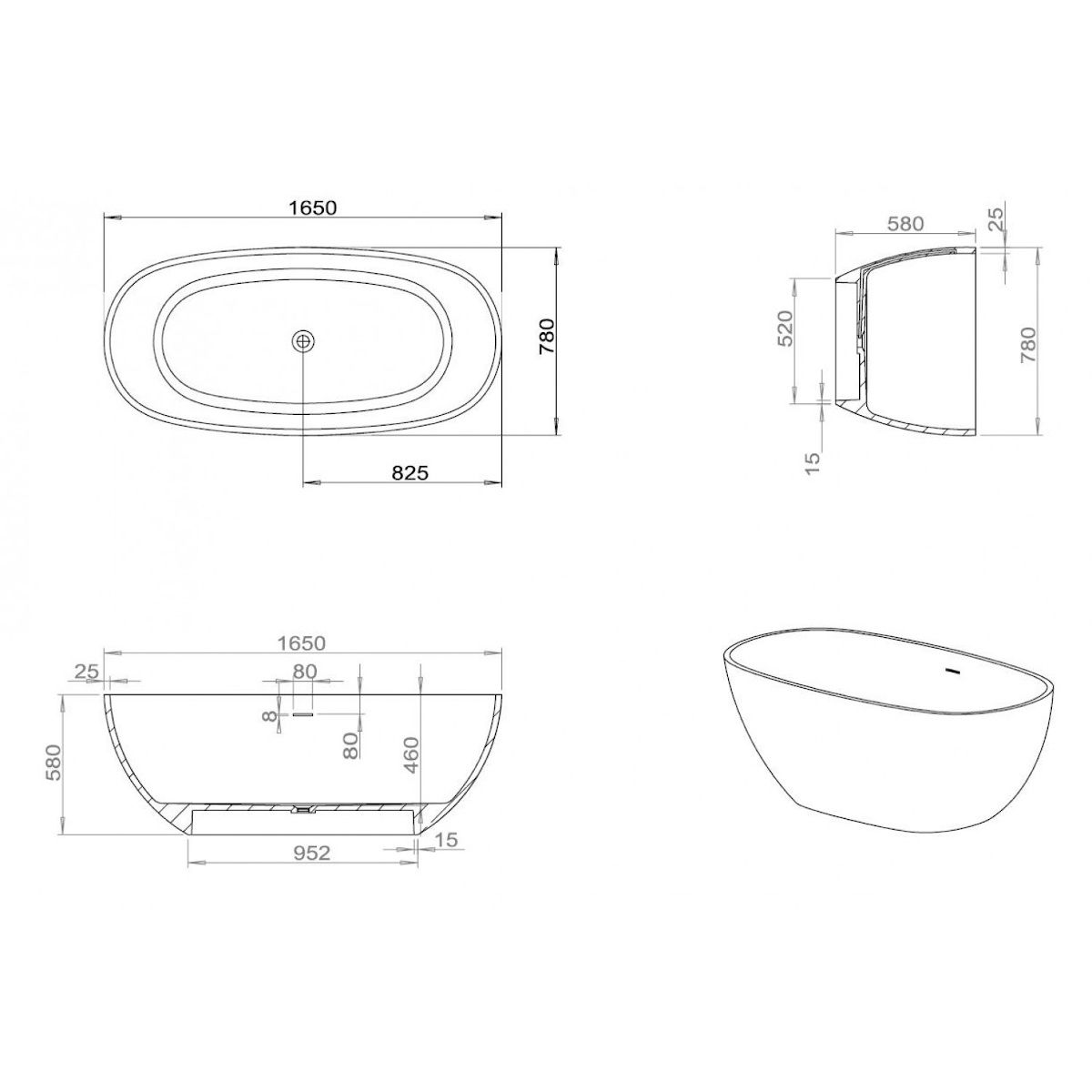 Cada de baie Ego-Ruby, 165 cm, free-standing, design modern, compozit ...