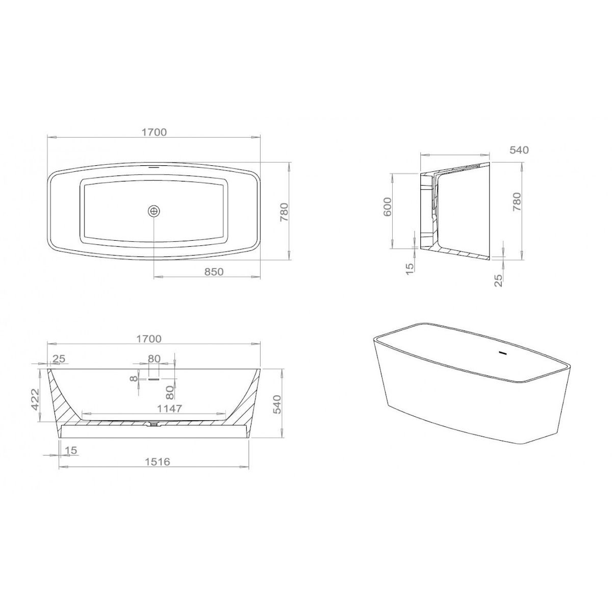 Cada de baie Ego-Jeff, 170 cm, free-standing, design modern, compozit ...