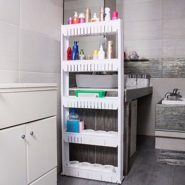 Sistem rafturi de depozitare pe roti pentru bucatarie sau baie, include ...