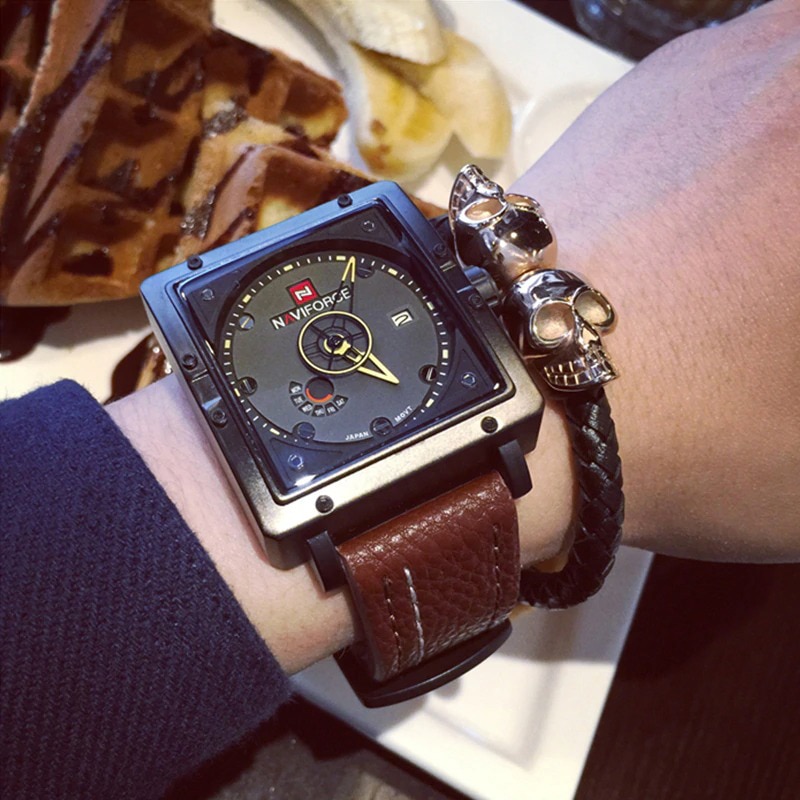 Мъжки часовник, модел Naviforce, кварцов механизъм, черен/кафяв, 43мм ...