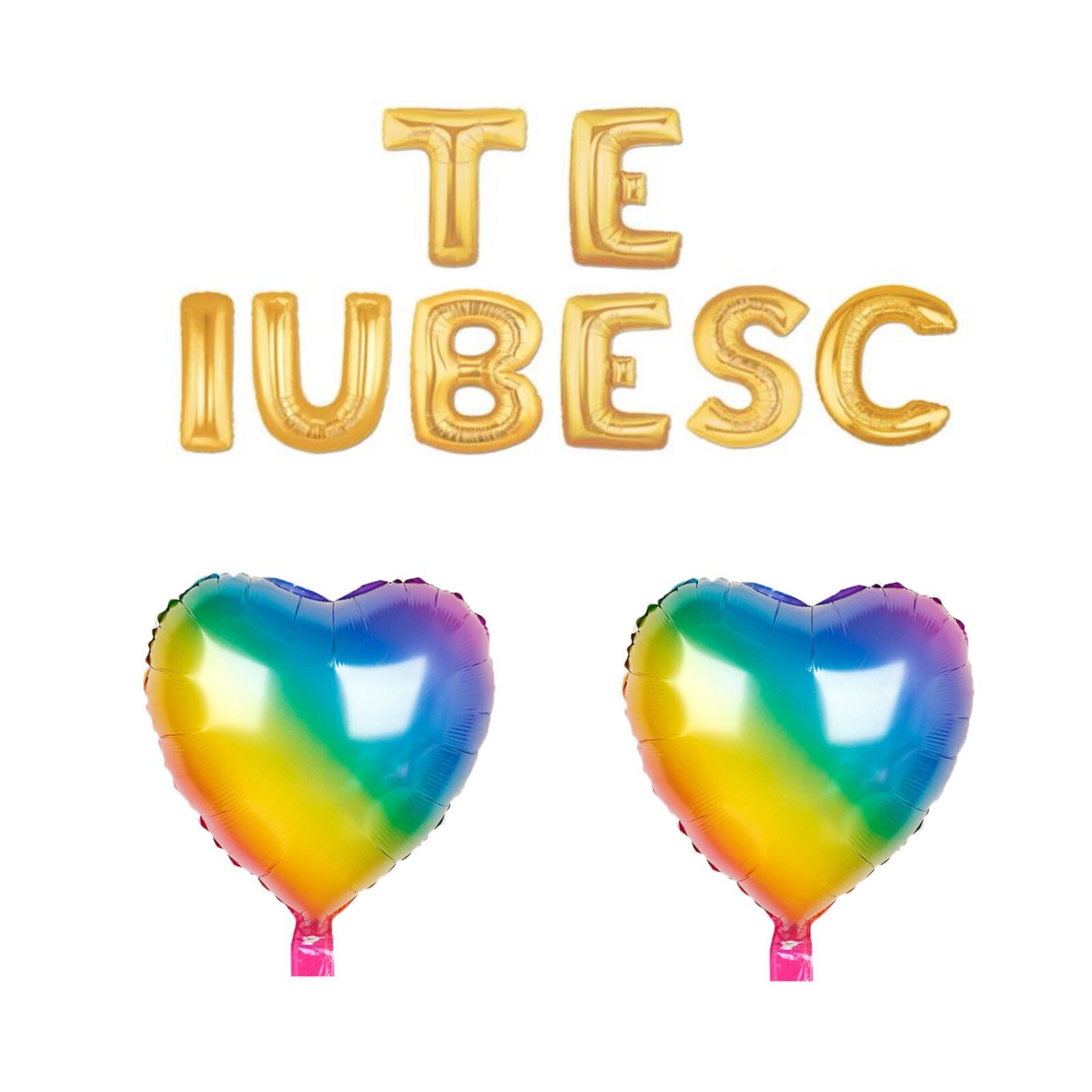 Set 10 baloane folie TE IUBESC auriu, ESB, inimi curcubeu - eMAG.ro