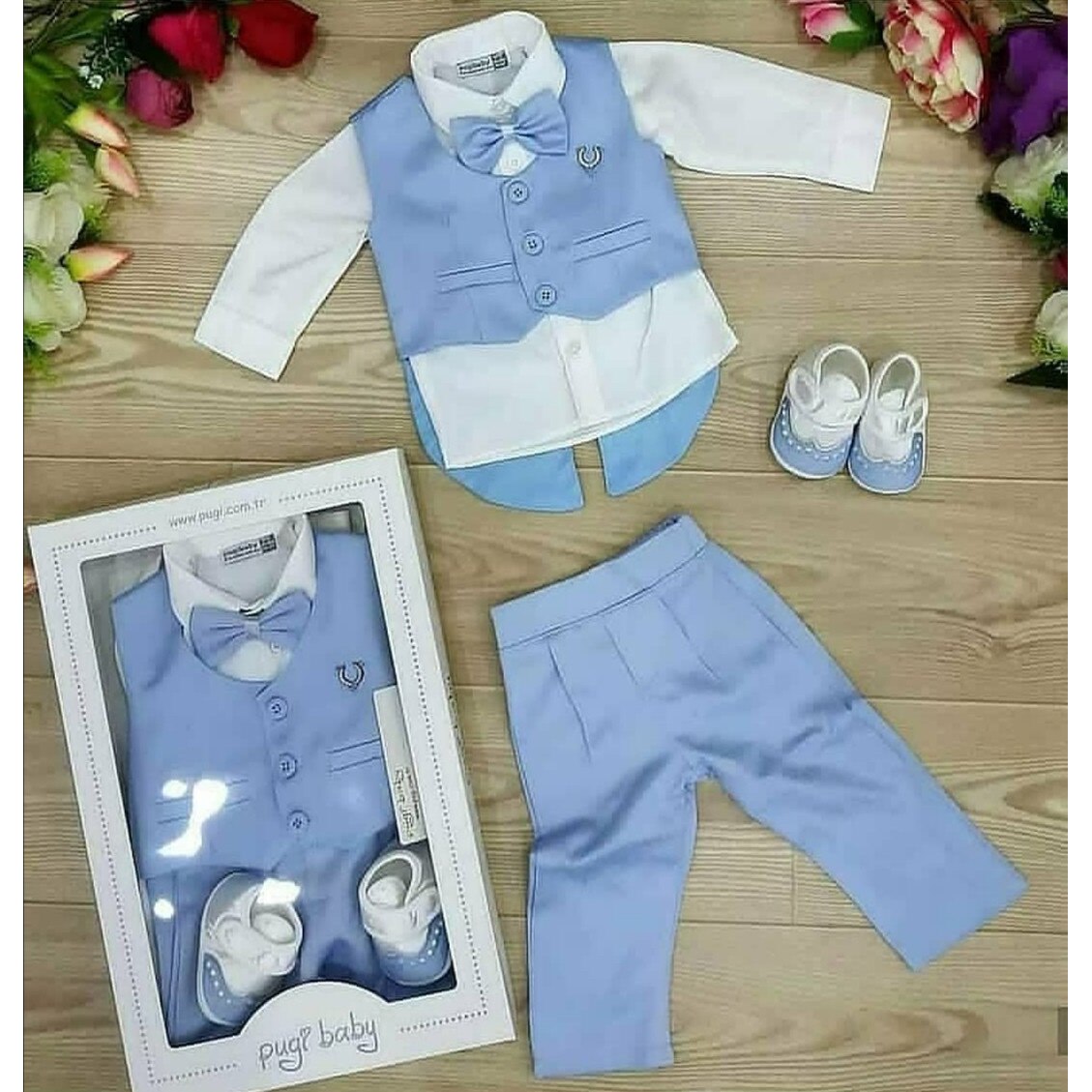Set Costum botez baieti PUGI BABY, 5 piese, 100% Bumbac antialergic ...