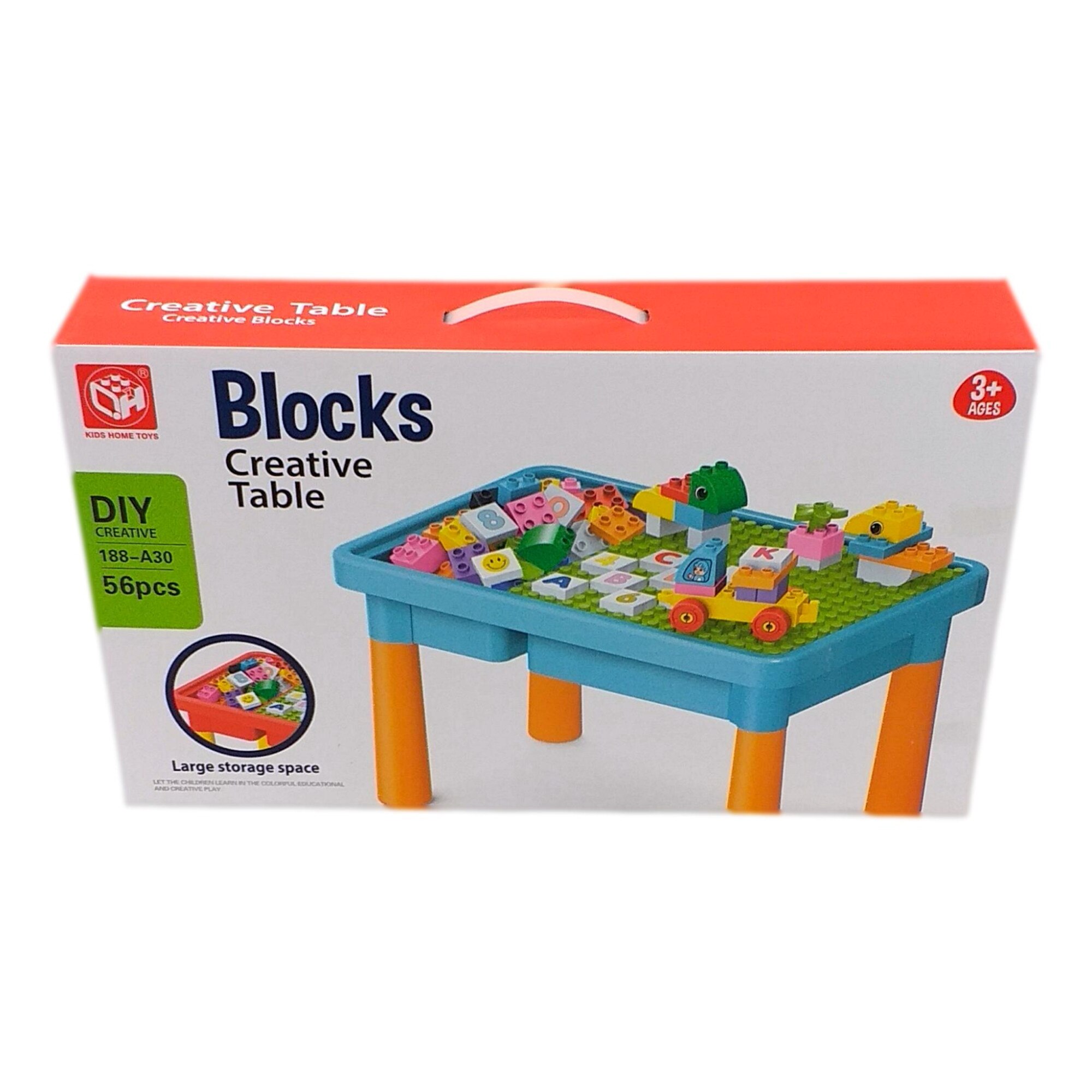 Masa set de constructie si cuburi didactic pentru copii, 56 Piese, Bleu ...