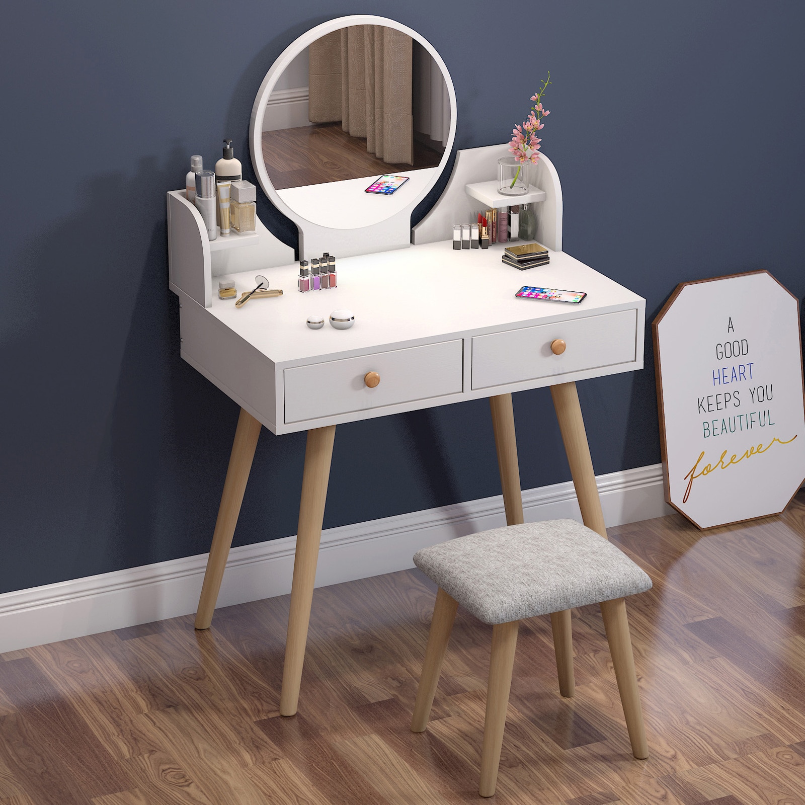 Set masa de toaleta cu oglinda si scaun Vigor, Lemn, 80x40x72cm, Alb ...
