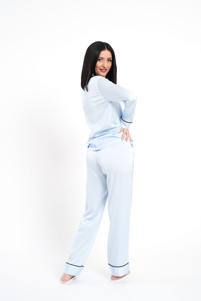 Pijama Divide, bleu, satin de matase, M - eMAG.ro