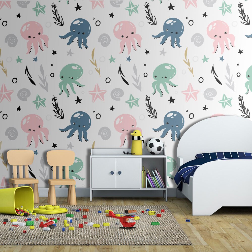 Tapet Premium Art Kids, Caracatite in apa pe fundal alb, Ecologic, Non ...