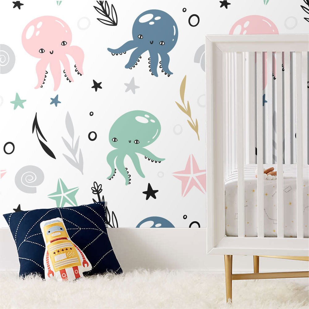 Tapet Premium Art Kids, Caracatite in apa pe fundal alb, Ecologic, Non ...