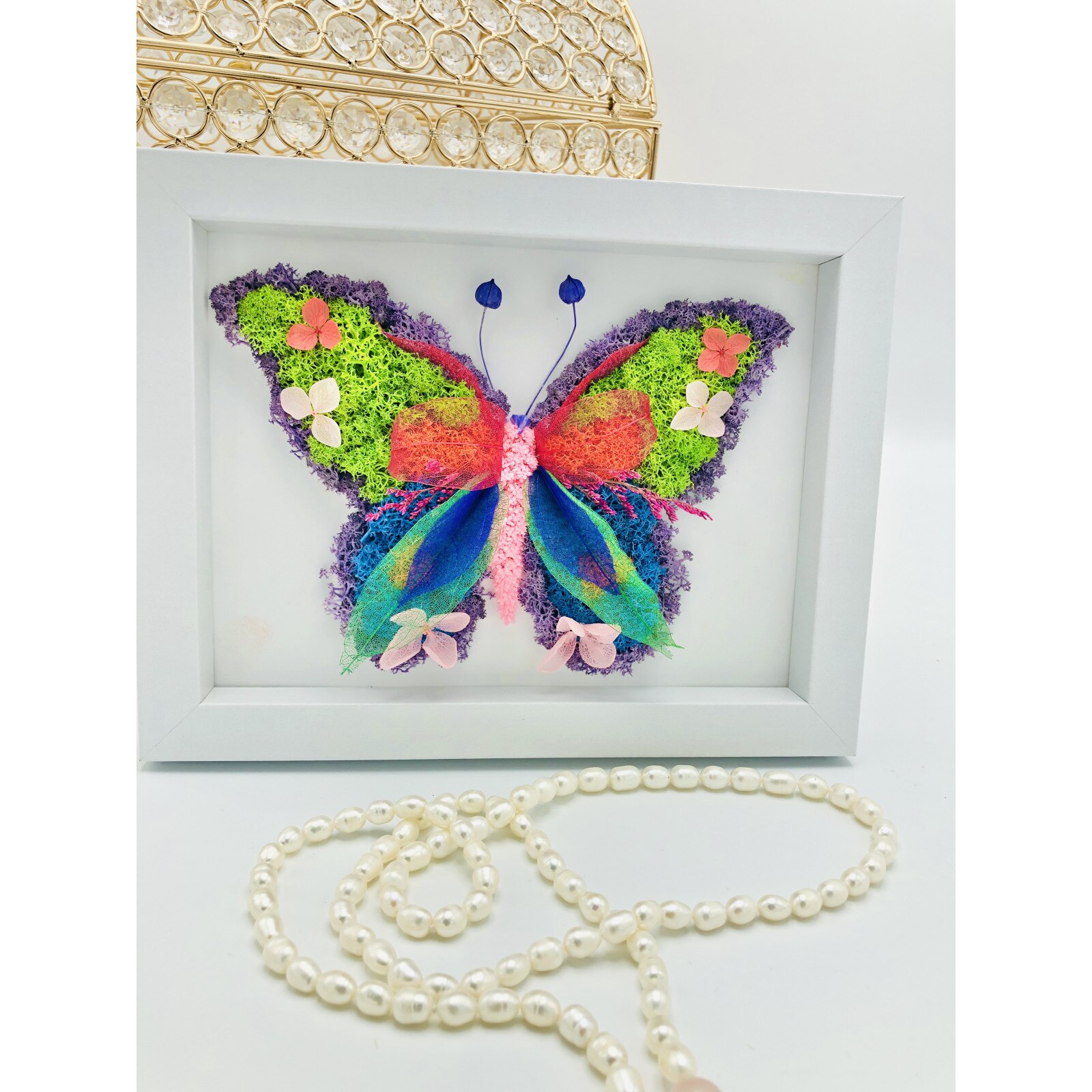 Aranjament floral, Fluture, Rama / Tablou cu licheni, frunze fosilizate ...