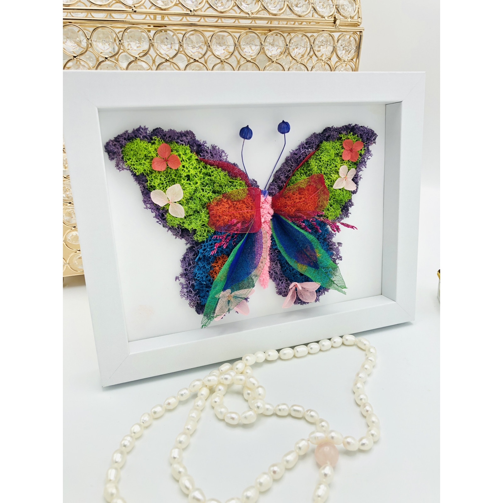 Aranjament floral, Fluture, Rama / Tablou cu licheni, frunze fosilizate ...