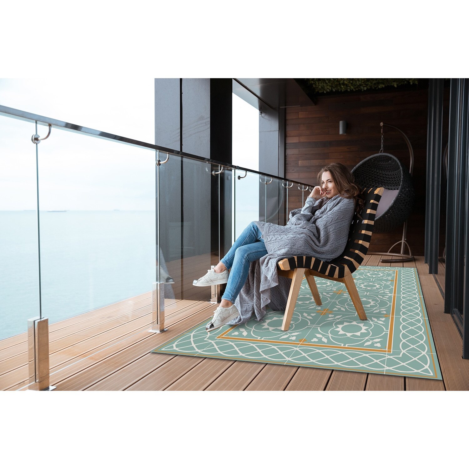 Covor de vinil pentru terasa, Covor de balcon, PVC, Simetrie Vintage ...