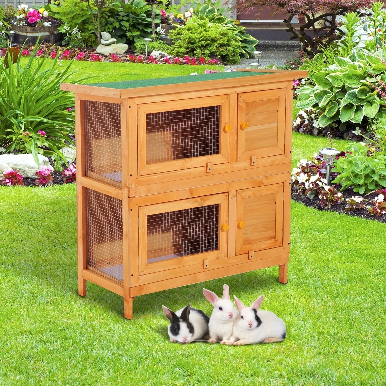 Cusca de exterior pentru iepuri PawHut, Din lemn de Brad, 90x45x90 cm ...